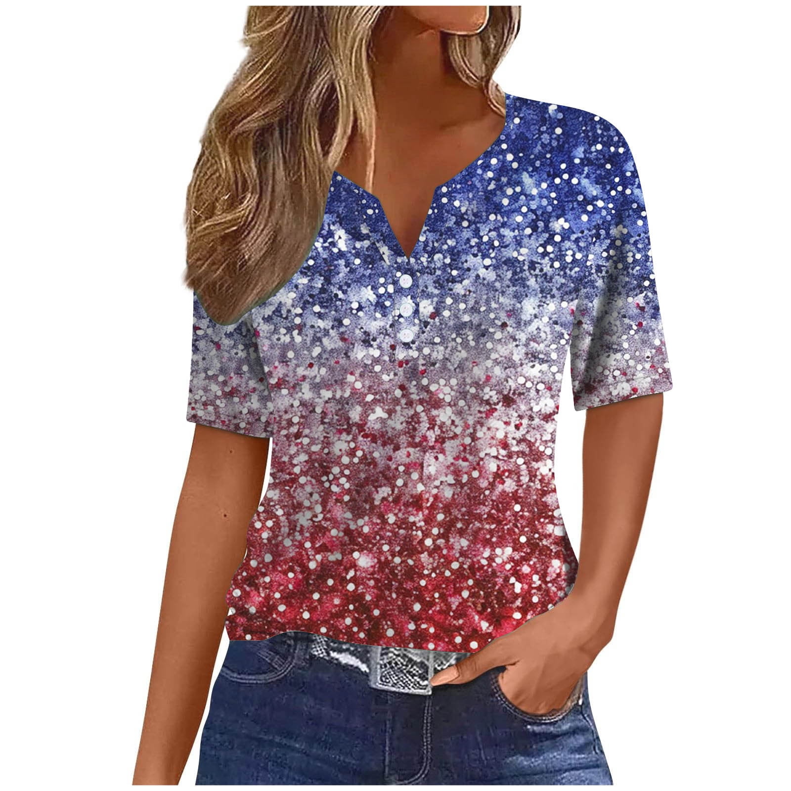 Feancey 4th of July Blouses for Women Button Up Henley Shirts Dressy ...