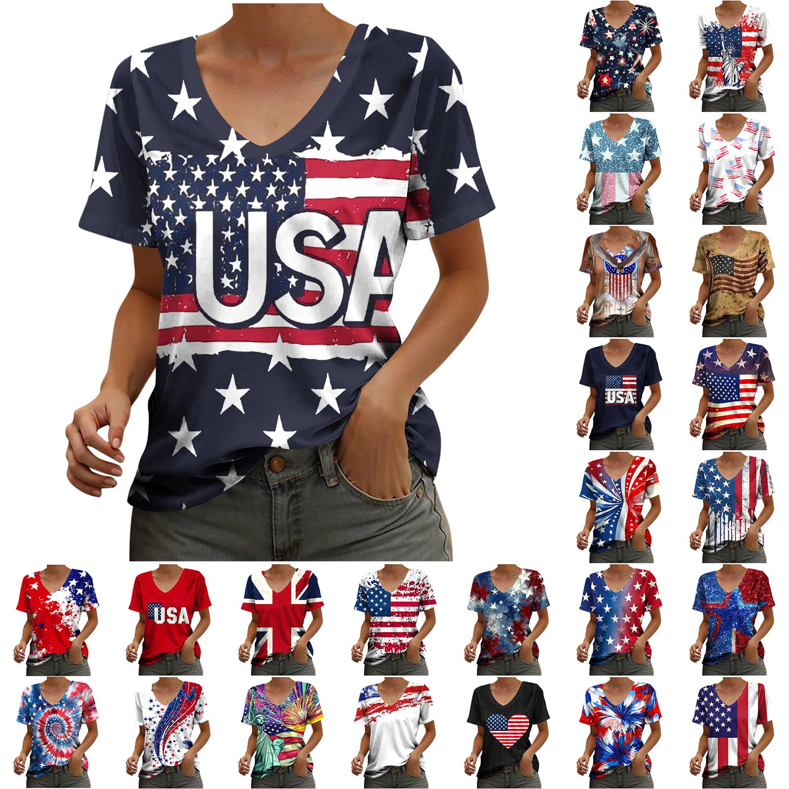Feancey 4th of July Shirts Women American Flag Patriotic T-Shirts ...