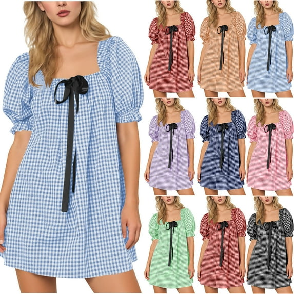 Feancey Babydoll Mini Dress for Women Puff Short Sleeve Square Neck ...