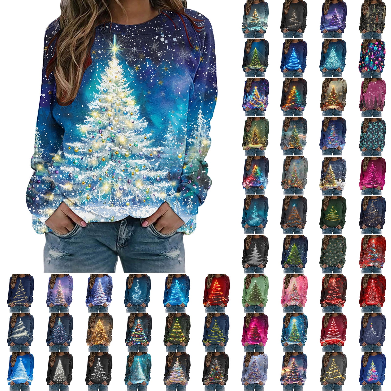 Feancey Womens Christmas Tops Fancy Xmas Tree Graphic Pullover Dressy ...