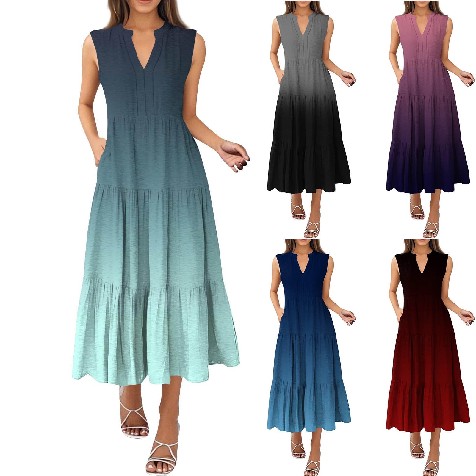 Feancey Beach Sundresses for Women Maxi Casual Sleeveless V Neck Tiered ...