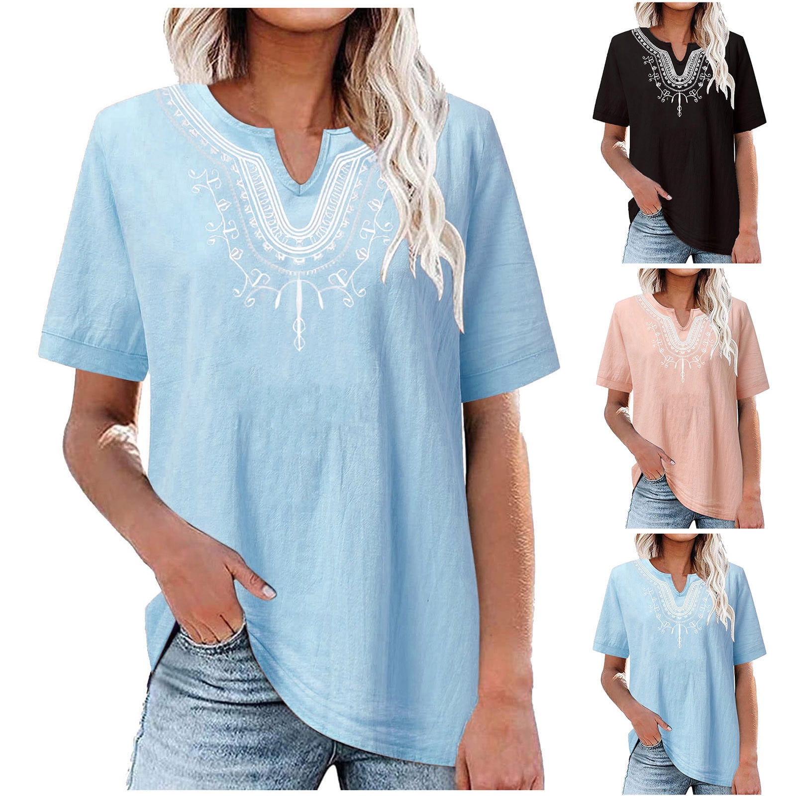 Feancey Boho Linen Shirts for Women 2025 Dressy Casual Notch V Neck ...