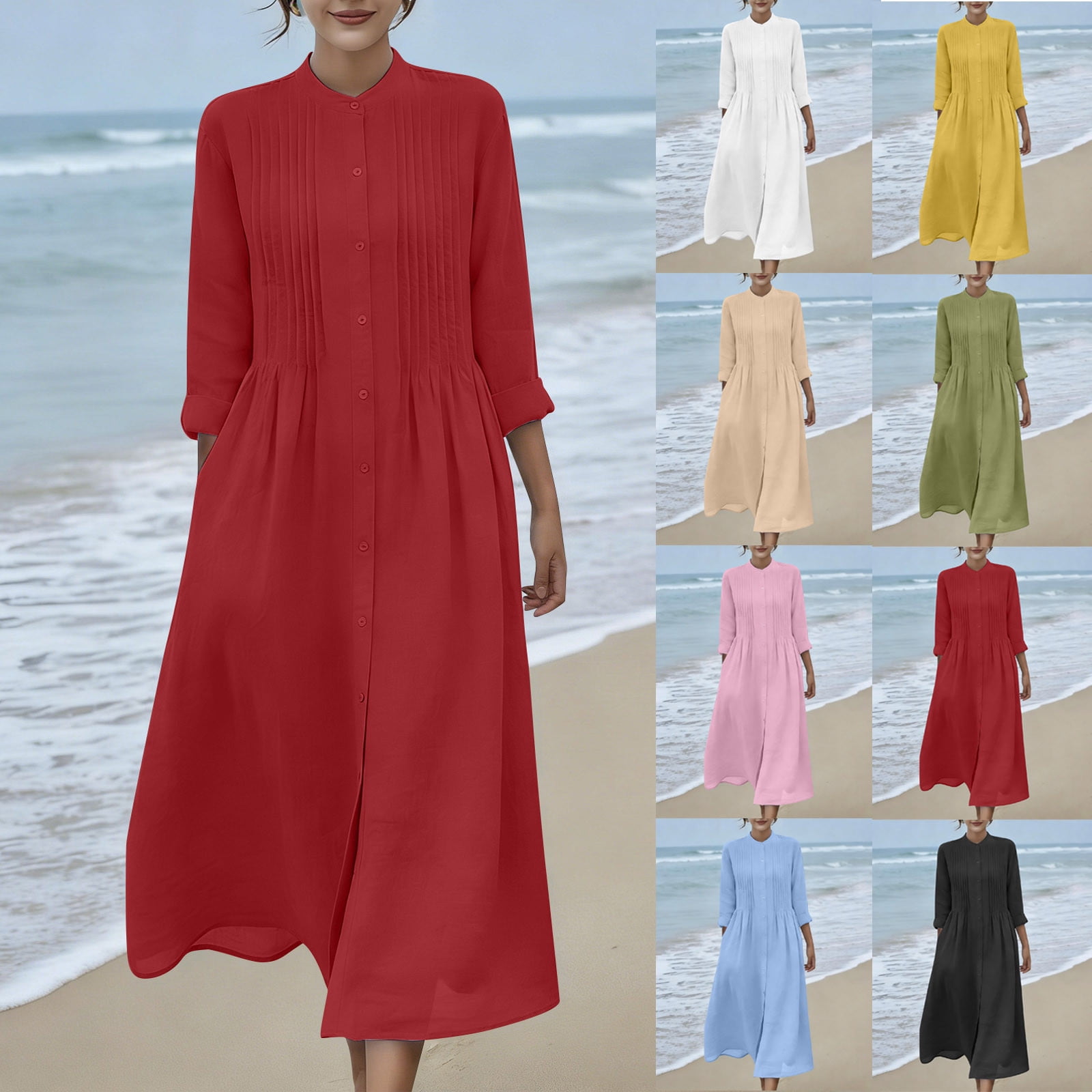 Feancey Boho Maxi Dresses for Women Cotton Linen 3/4 Sleeve Button Up ...