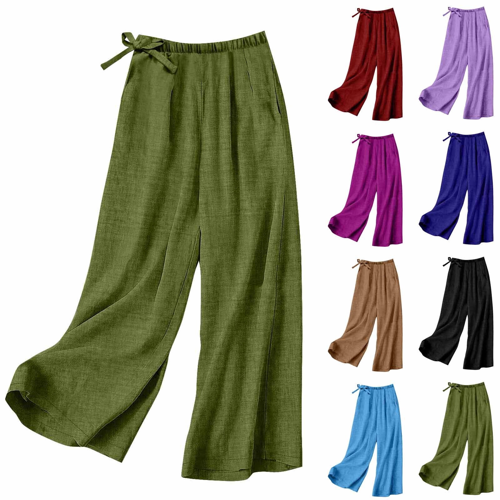Feancey Boho Palazzo Pants for Women Linen Casual Elastic Waisted Pant ...