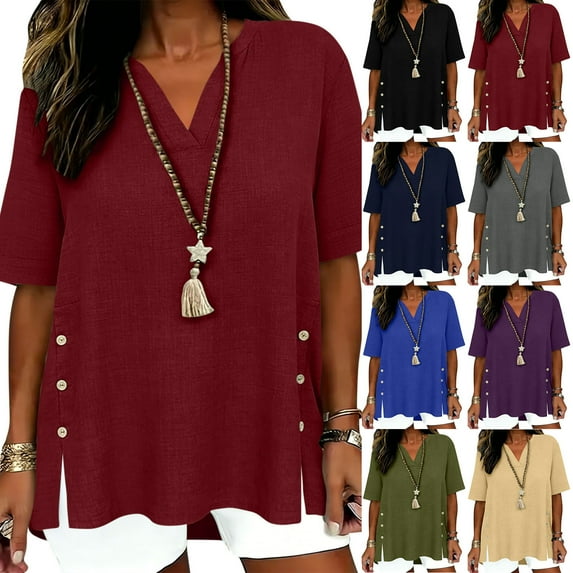 Feancey Boho Tops for Women Side Split Button Linen Blouses Summer ...