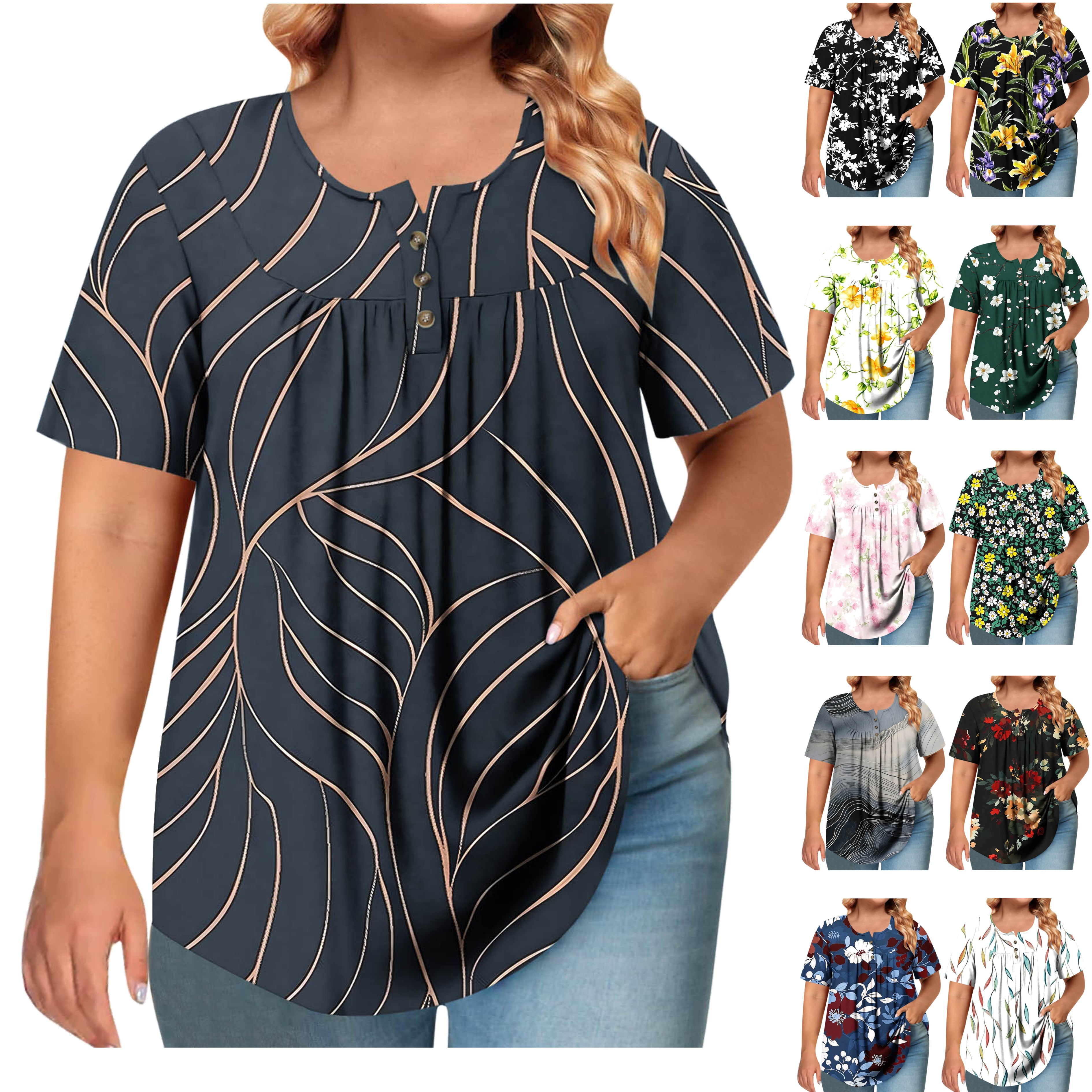 Feancey Boho Tunic Tops for Women Plus Size Pleated Blouse Short Sleeve ...