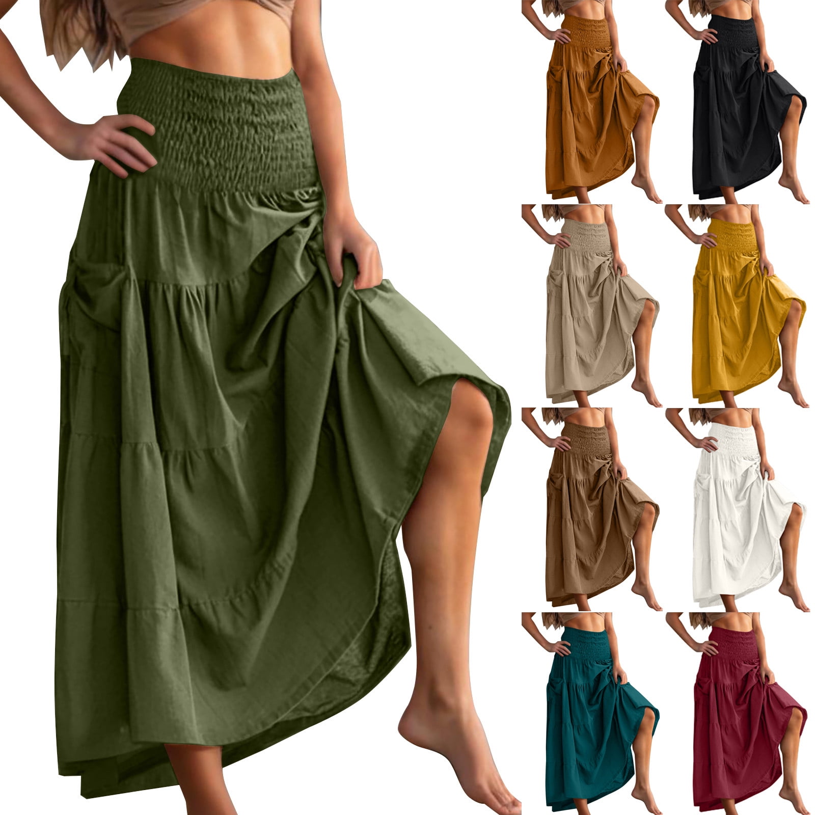 Feancey Casual Maxi Skirts for Women Tiered Flowy Beach Skirt Summer ...