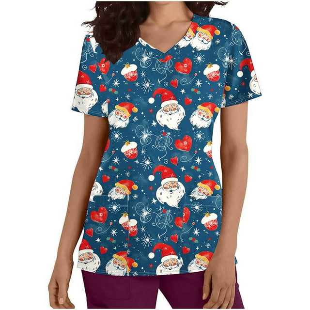 Feancey Christmas Scrub Tops Women Stretchy Soft V-Neck Nursing ...