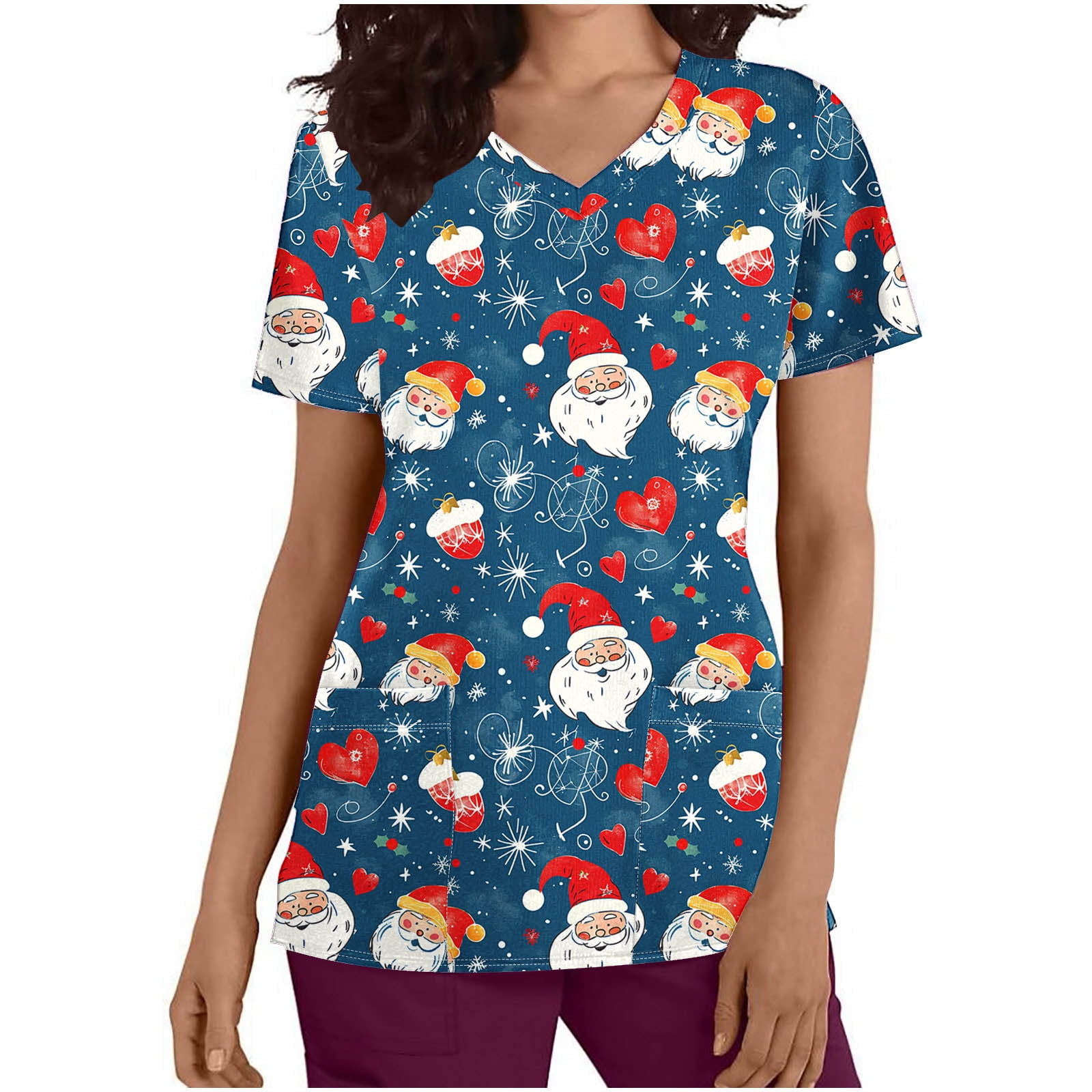 Feancey Christmas Scrub Tops Women Stretchy Soft V-Neck Nursing ...