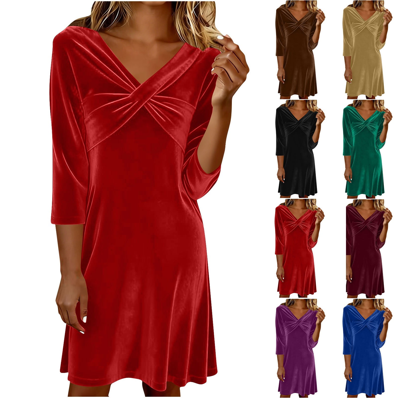 Feancey Cocktail Dresses for Women 3/4 Sleeve Twist V Neck Velvet Dress ...