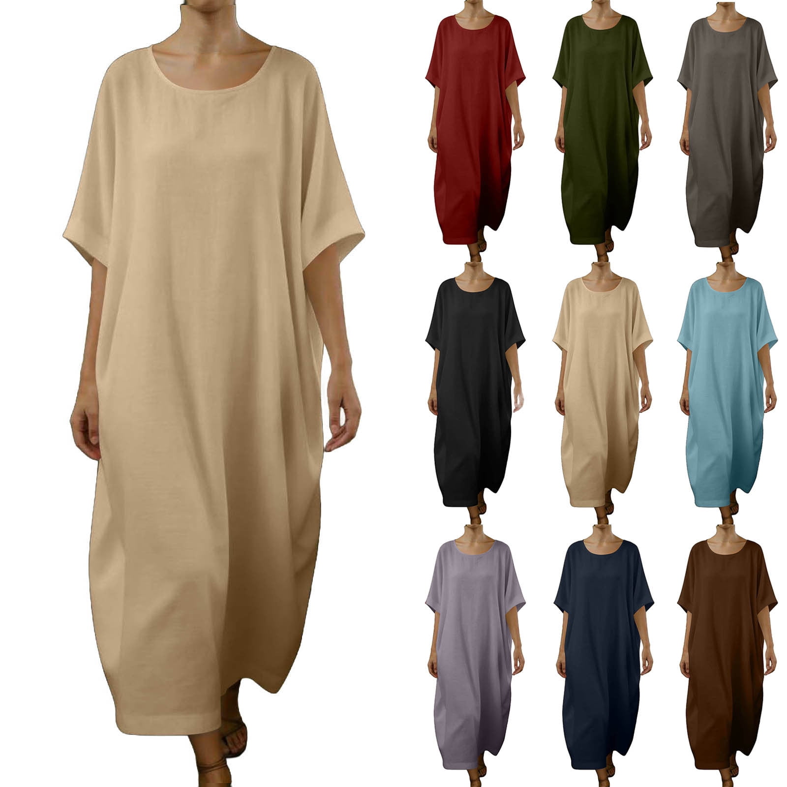 Feancey Cotton Linen Maxi Dress for Women Half Sleeve Loose Fit Casual ...