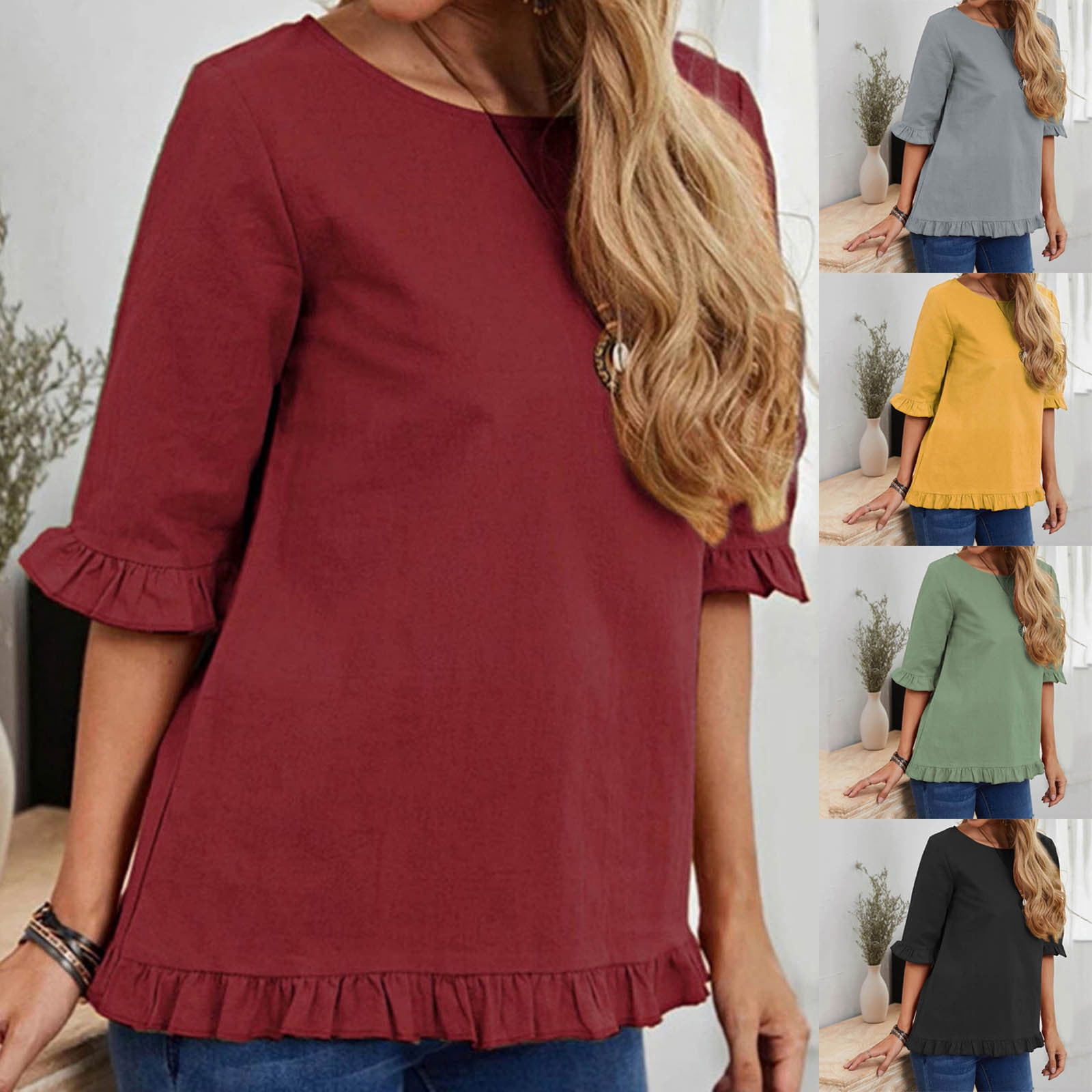Feancey Cotton Linen Tunic Tops for Women Ruffle Half Sleeve Round Neck ...