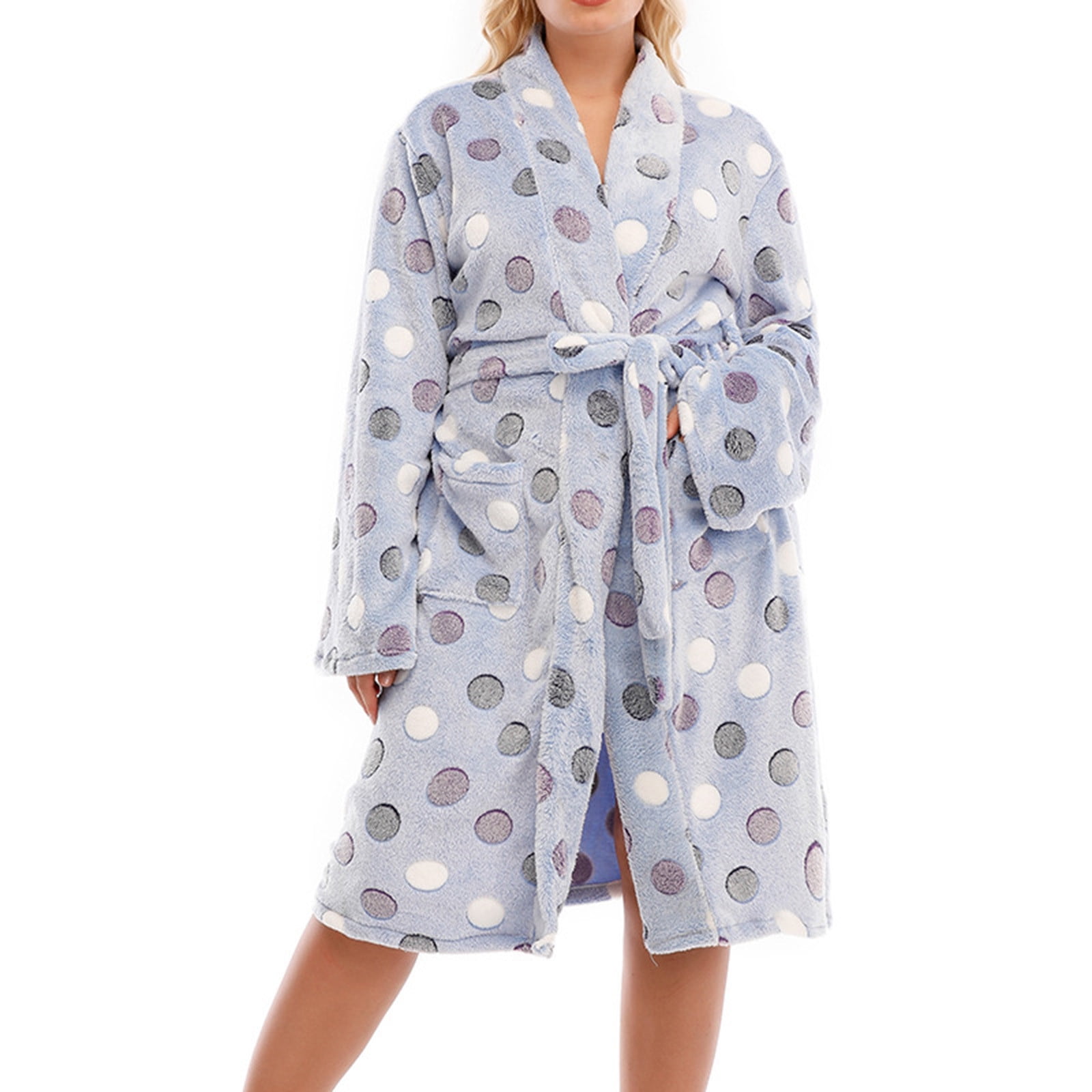 Feancey Cozy Plus Size Robe for Women Polka Dot Print Fleece Sleepwear ...