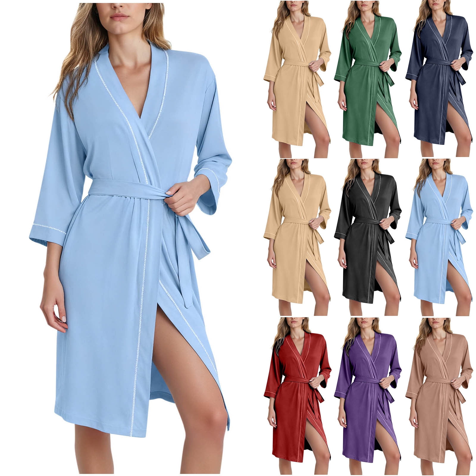 Feancey Cozy Robes for Women 3/4 Sleeve Open Front Bathrobe Knee Length ...