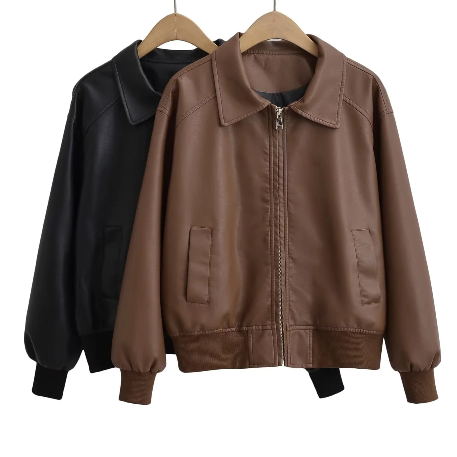 Feancey Cropped Moto Jackets for Women Faux Leather Windbreaker Jacket ...