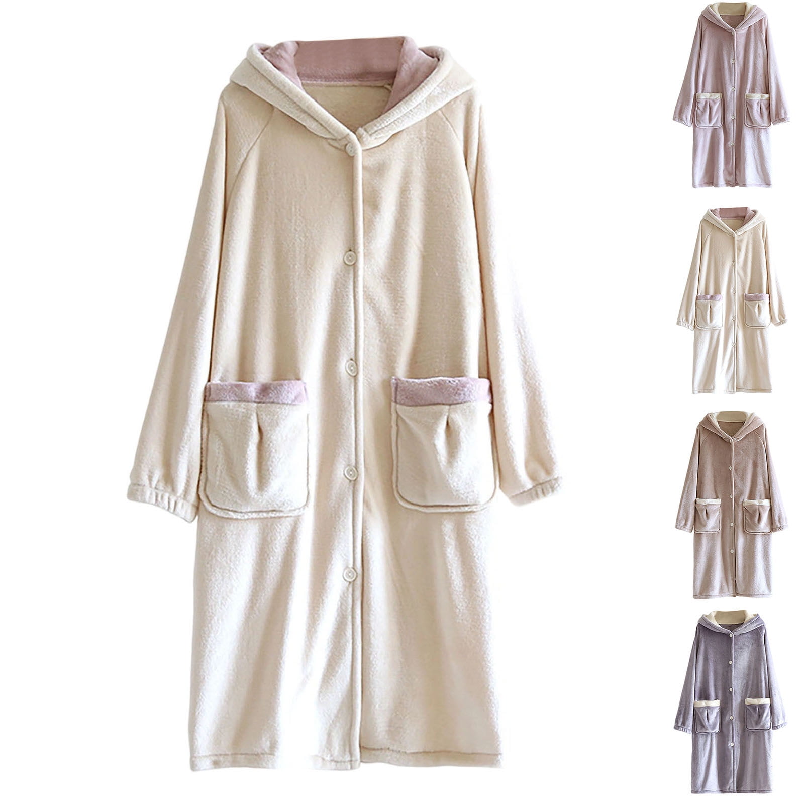 Feancey Cute Hooded Bathrobe for Women Long Sleeve Button Down Plush ...