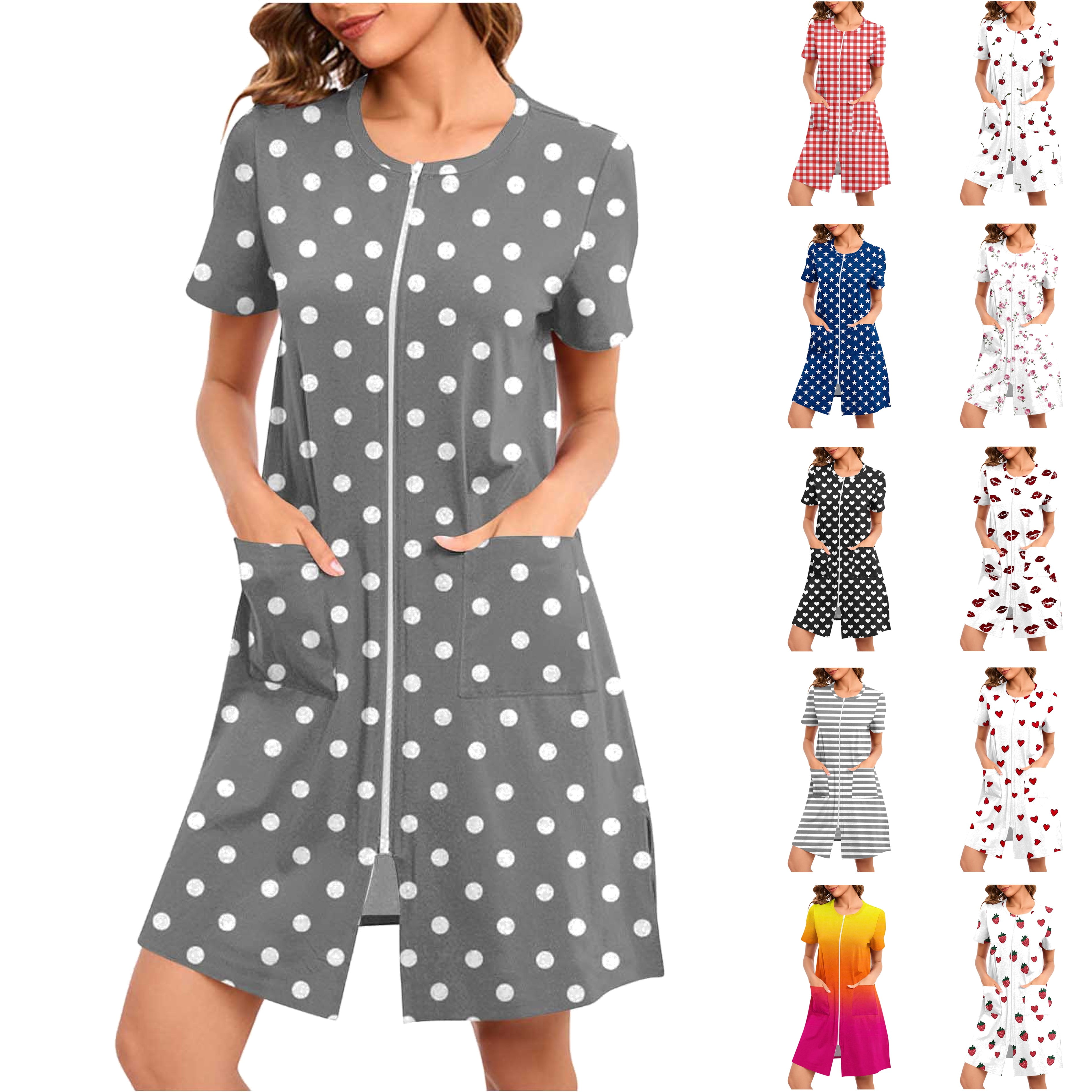 Feancey Cute Nightgowns for Women Heart Print Short Robes Zipper Front ...