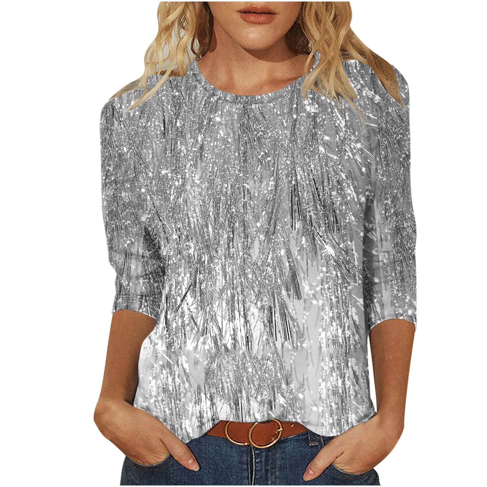 Feancey Womens Dressy 3/4 Sleeve Tunic Tops Trendy Sequin Print Loose ...