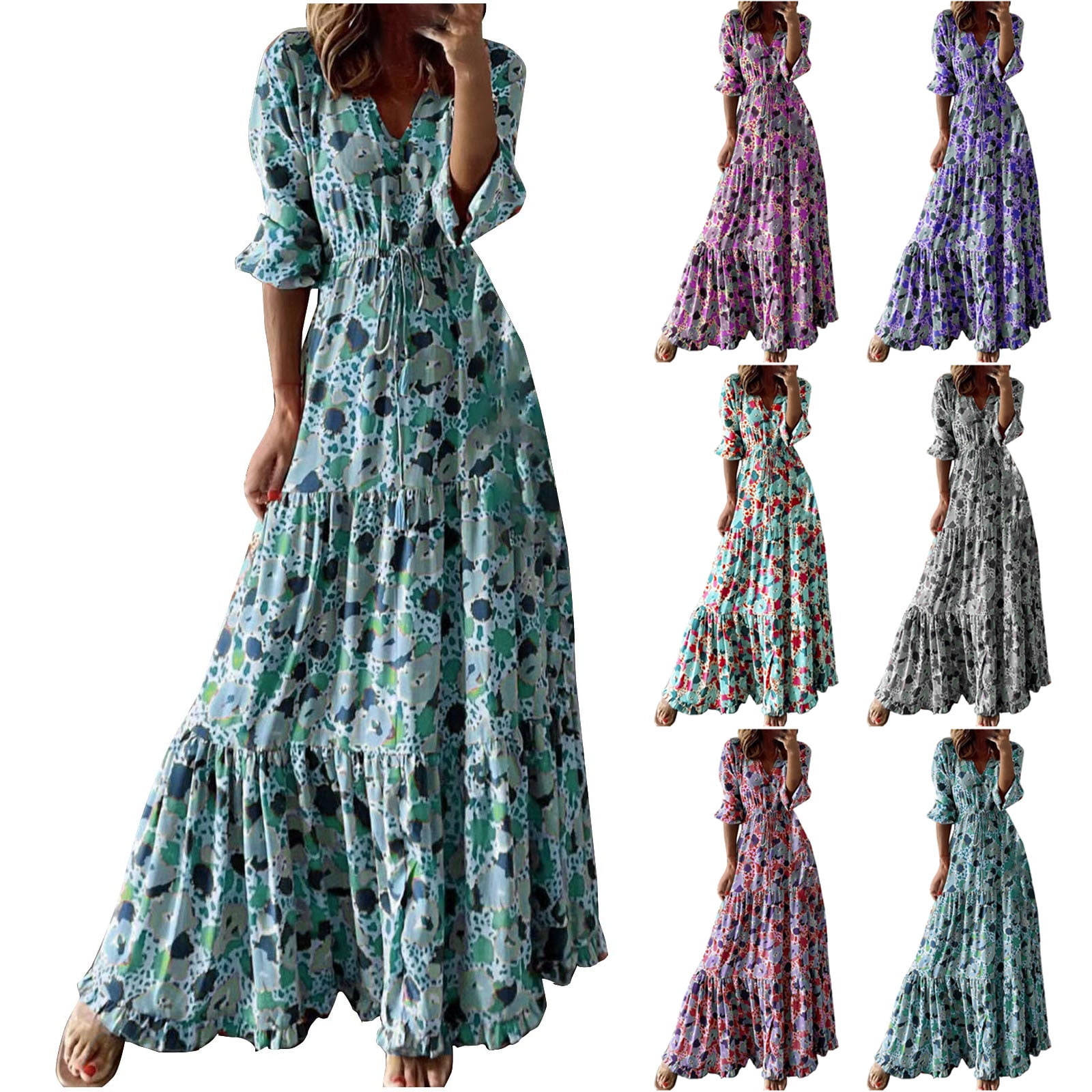 Feancey Drawstring Maxi Dresses for Women 2025 Casual High Waist Floral ...