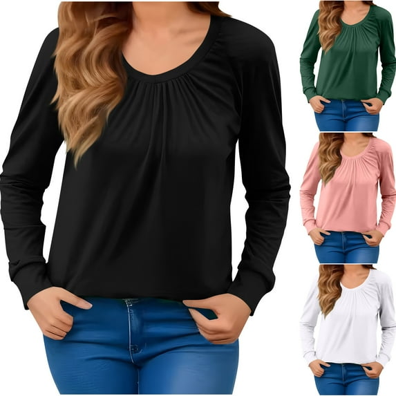 Feancey Dressy Long Sleeve Tops for Women Pleated Crew Neck Loose Blouse Solid Color Casual ...
