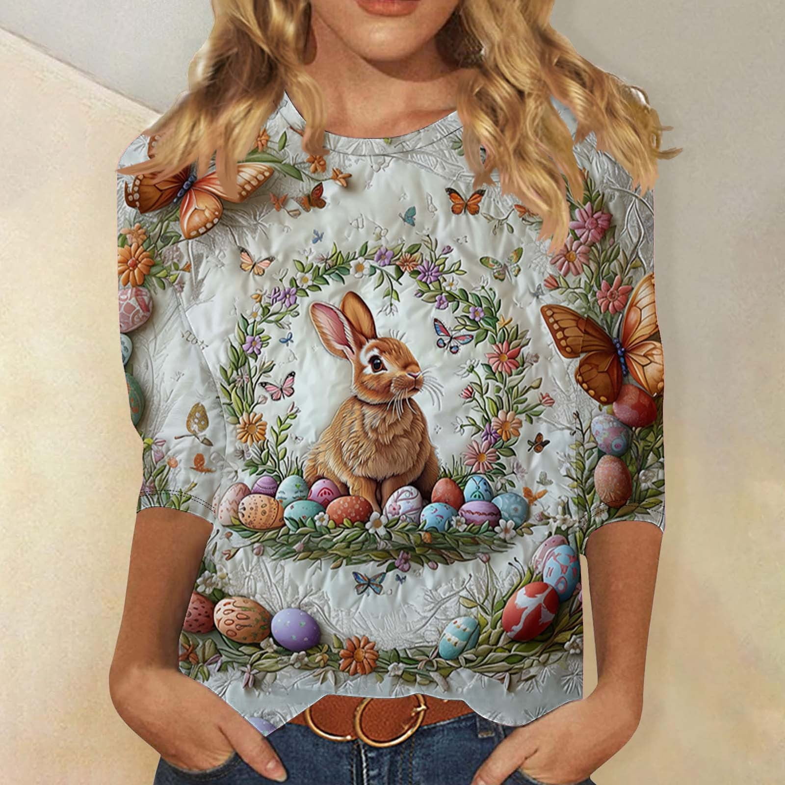 Feancey Easter Day Printed Tops for Women 3/4 Sleeve Dressy Casual T ...