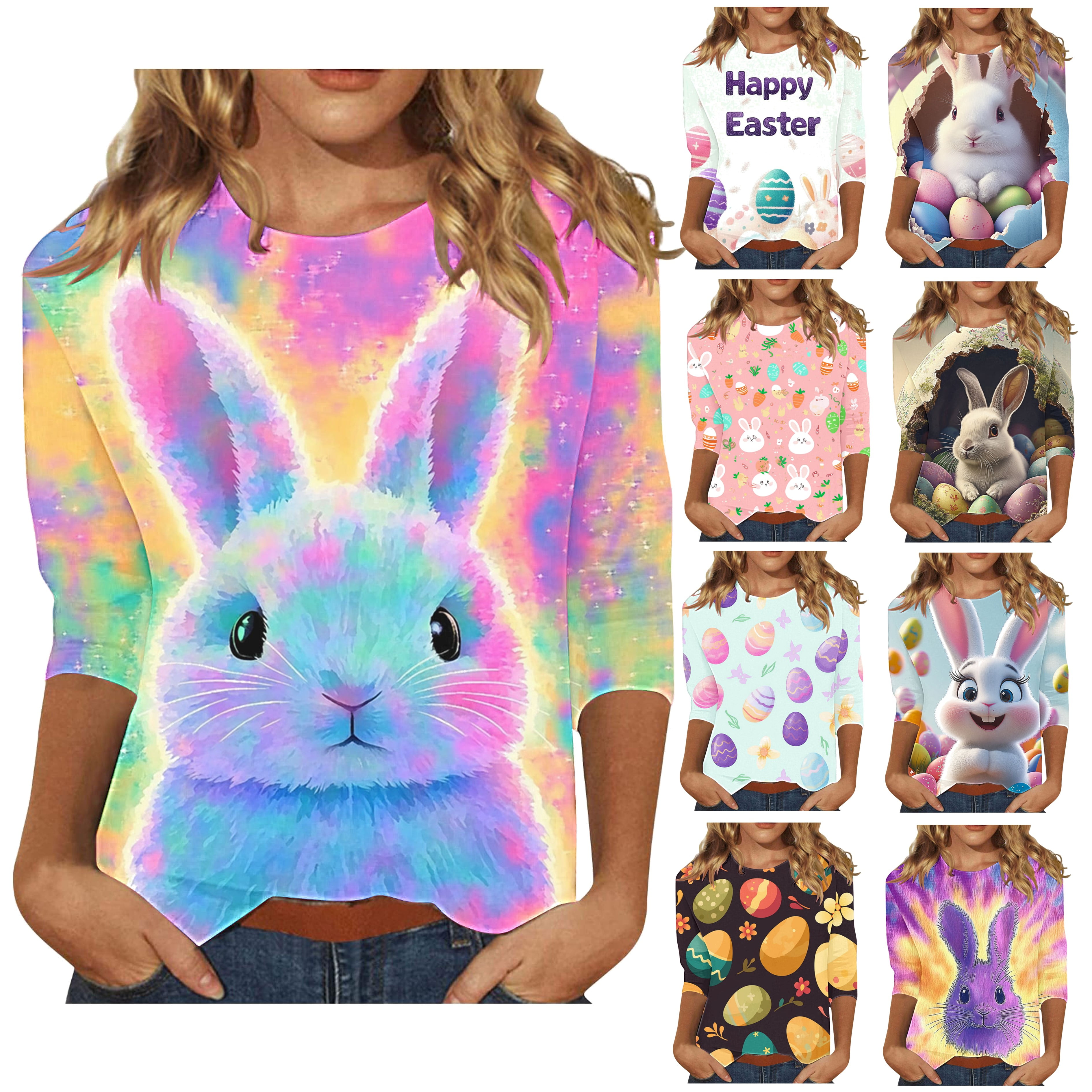 Feancey Easter Shirs for Women 3/4 Sleeve Bunny Graphic Tee Holiday ...