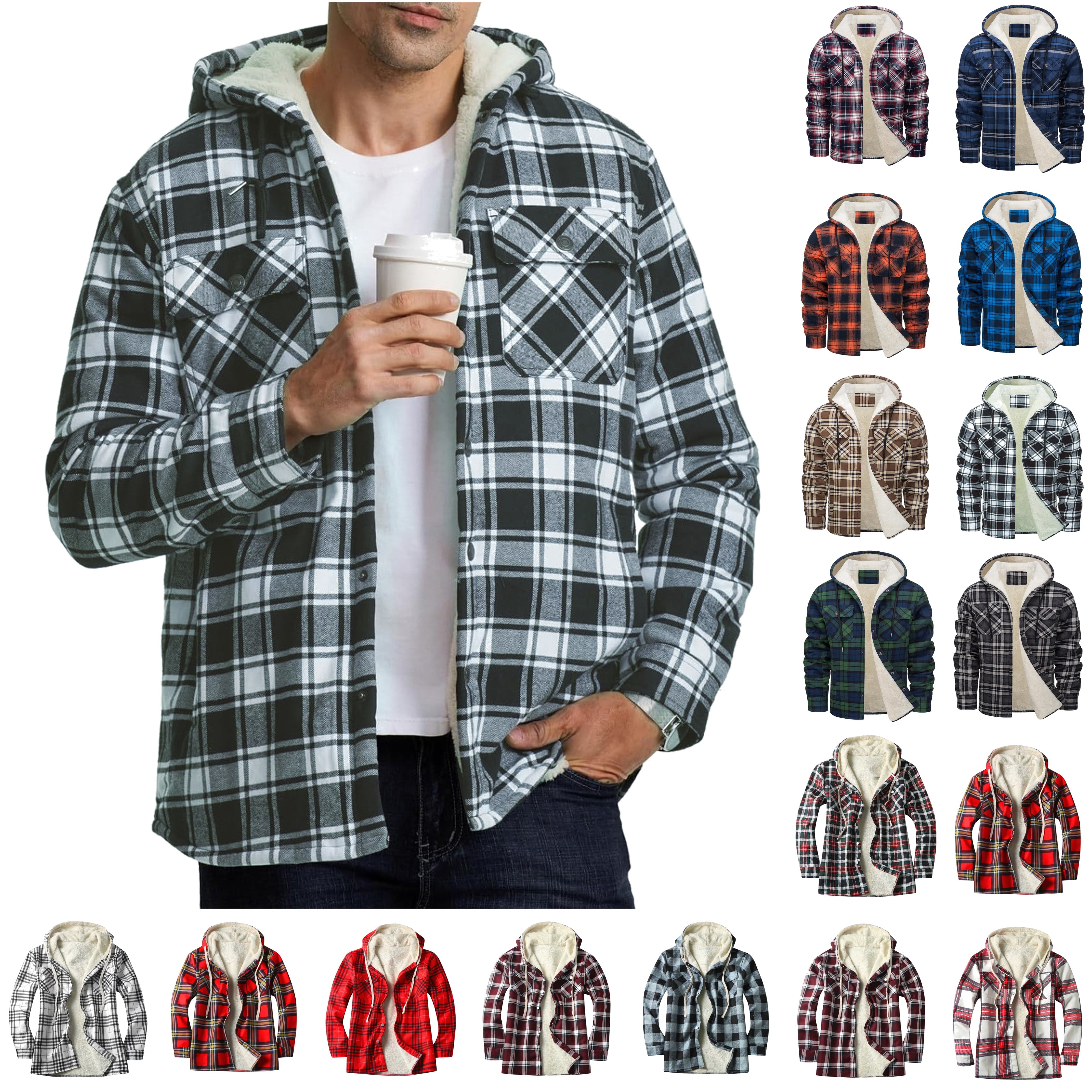Feancey Mens Flannel Hoodie Jacket Big and Tall Casual Fleece Lined ...