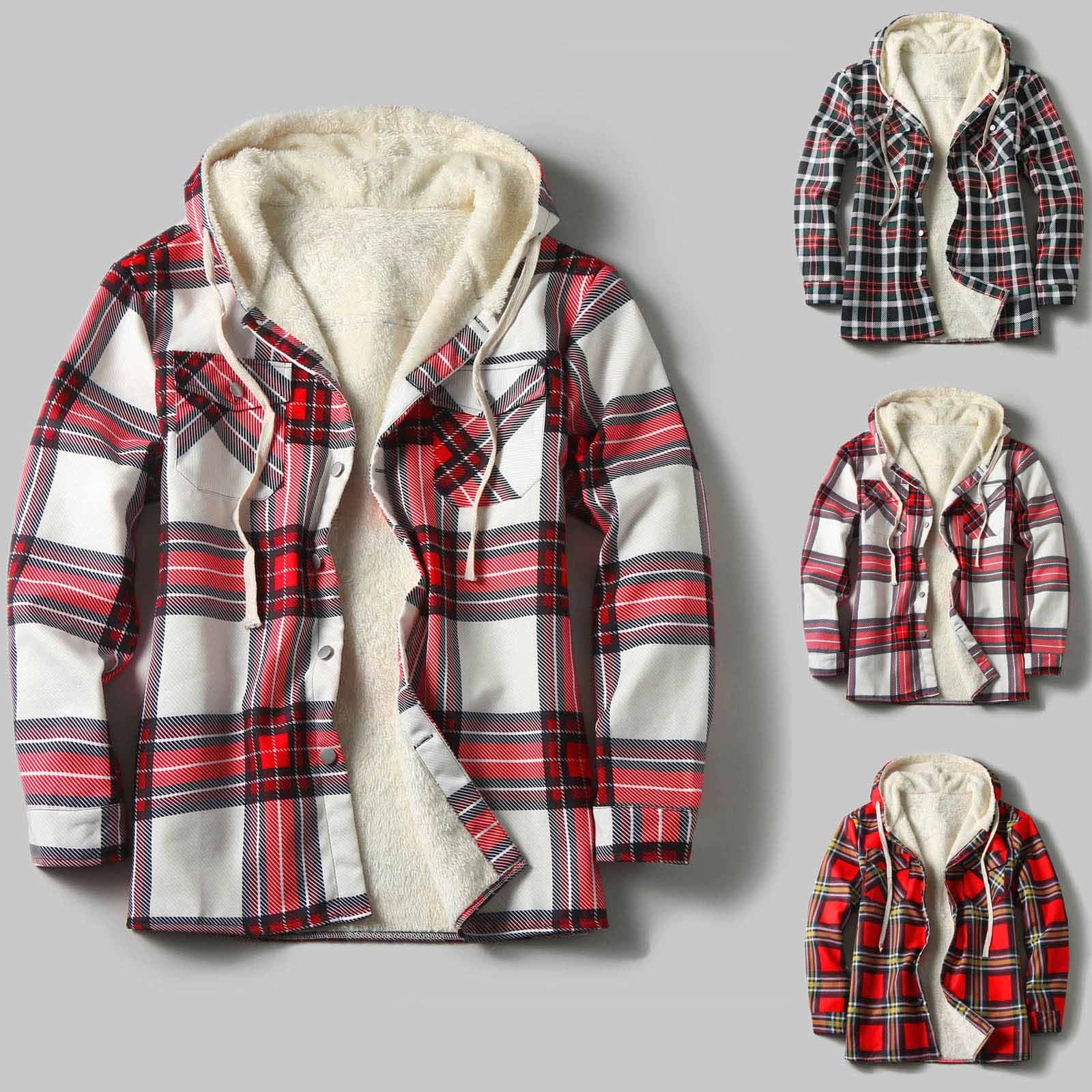 Feancey Flannel Hoodie Jackets for Men Sherpa Fleece Lined Plaid Coats ...