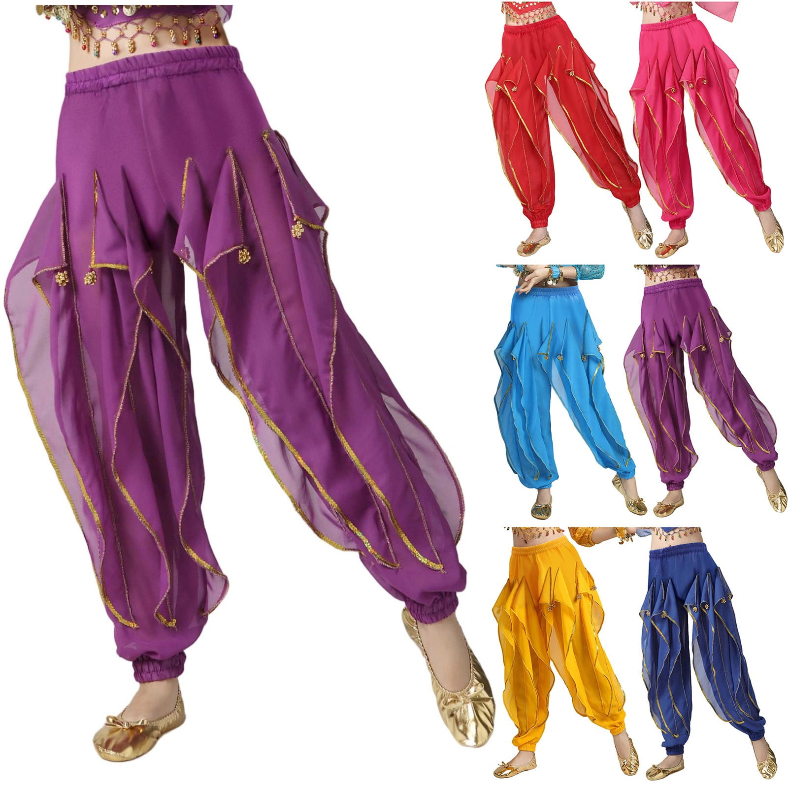 Feancey Girls Belly Dance Pants Tribal Baggy Arabic Pants Ruffled Wide ...