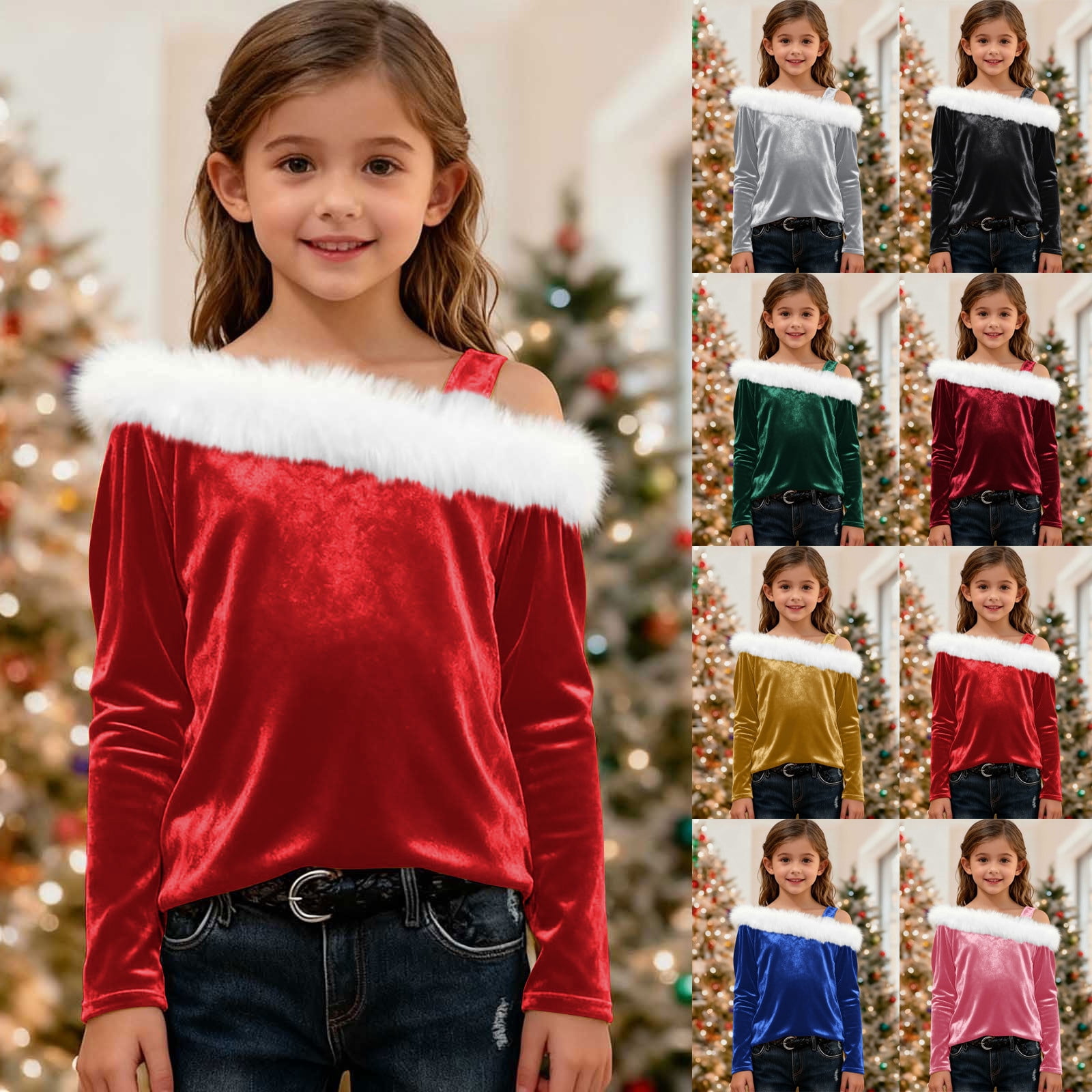 Feancey Girls Christmas Tops Furry Off The Shoulder Velvet Blouse ...