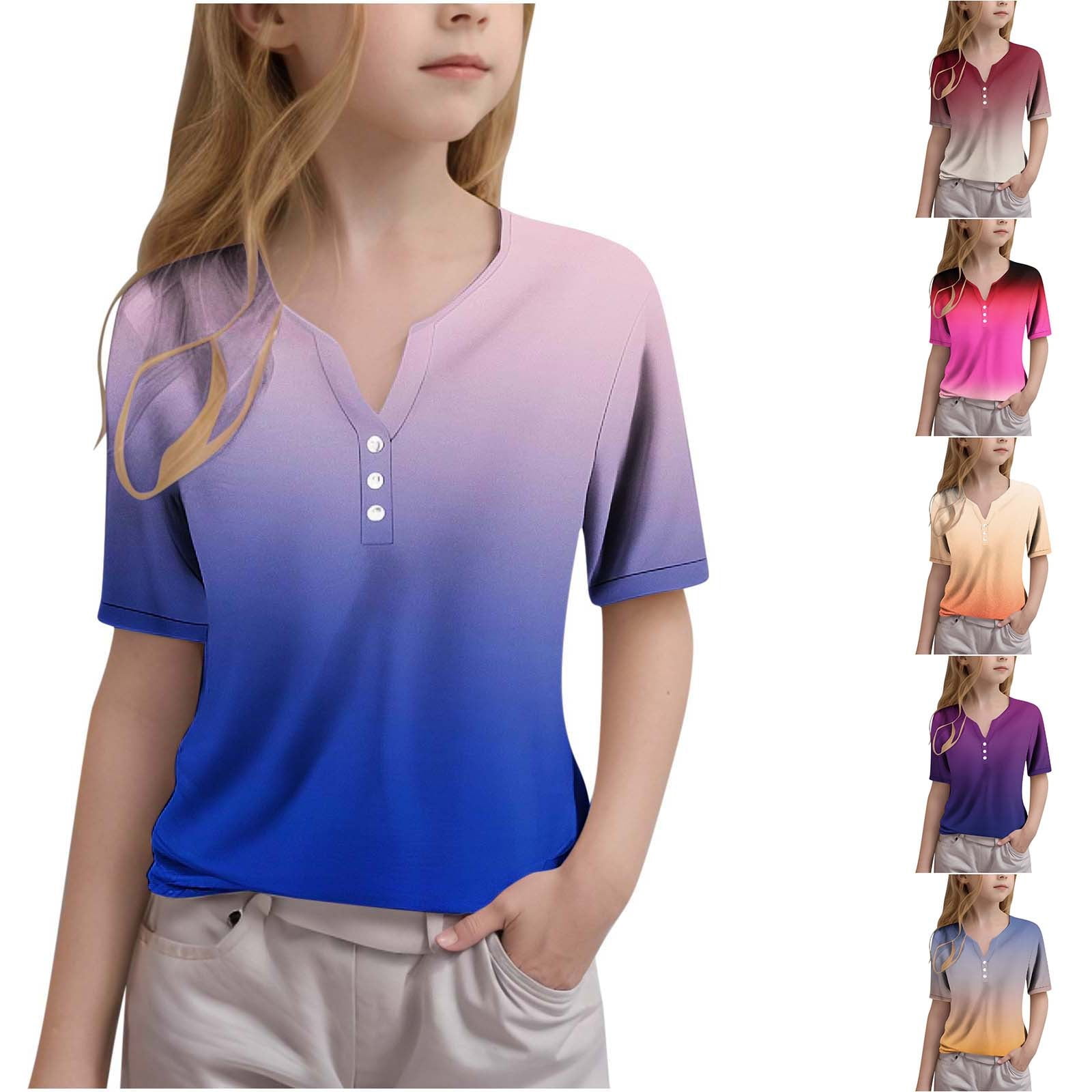 Feancey Girls Henley Short Sleeve Shirt Button V Neck Summer Tops ...