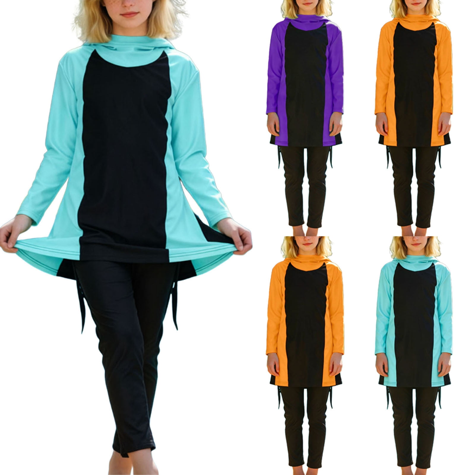 Feancey Girls Swimsuits Full Cover Long Sleeve Hoodie Tops and Swim ...