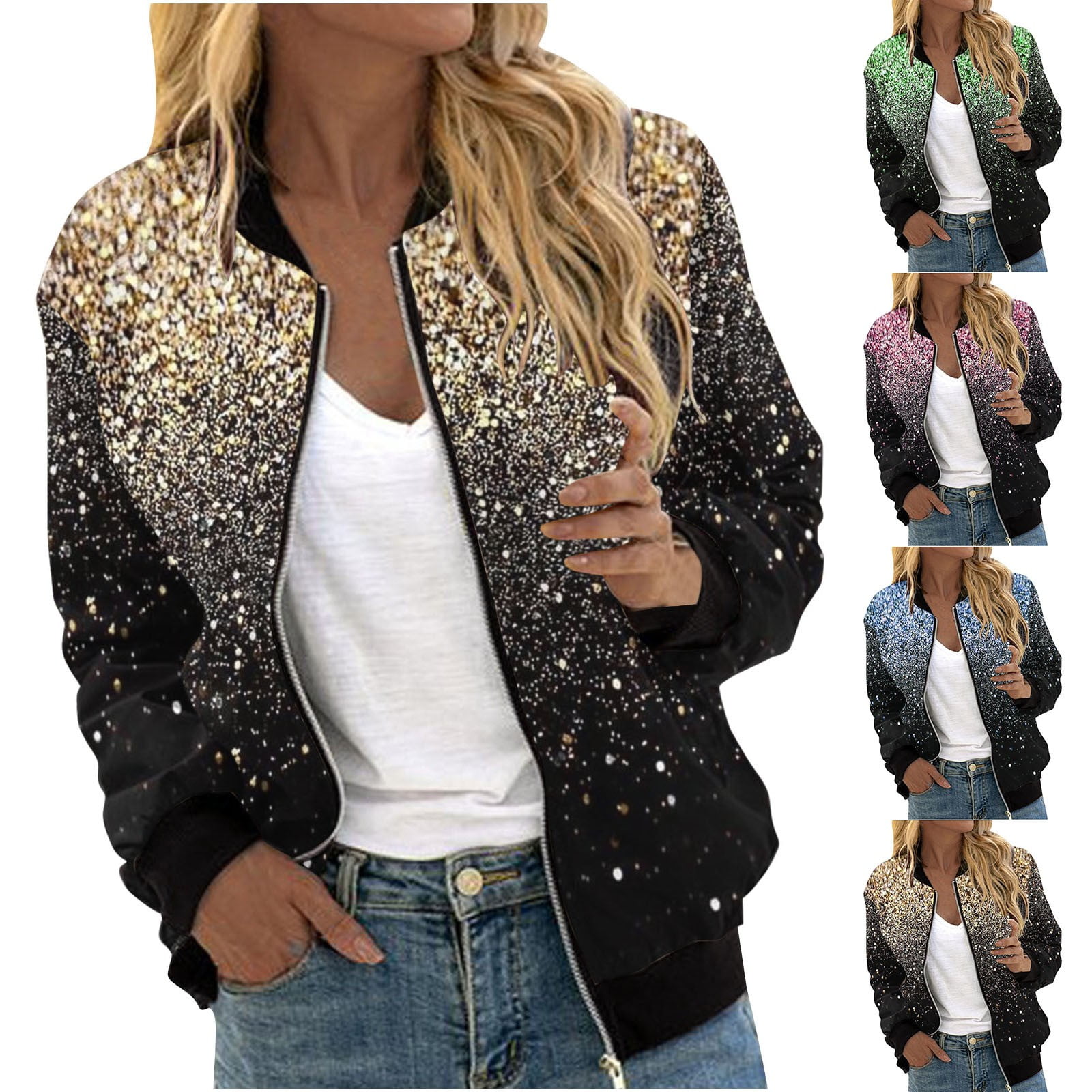 Feancey Gold Sequin Bomber Jackets for Women Glitter Lightweight Zip Up Fashion Jacket Sparkly ...