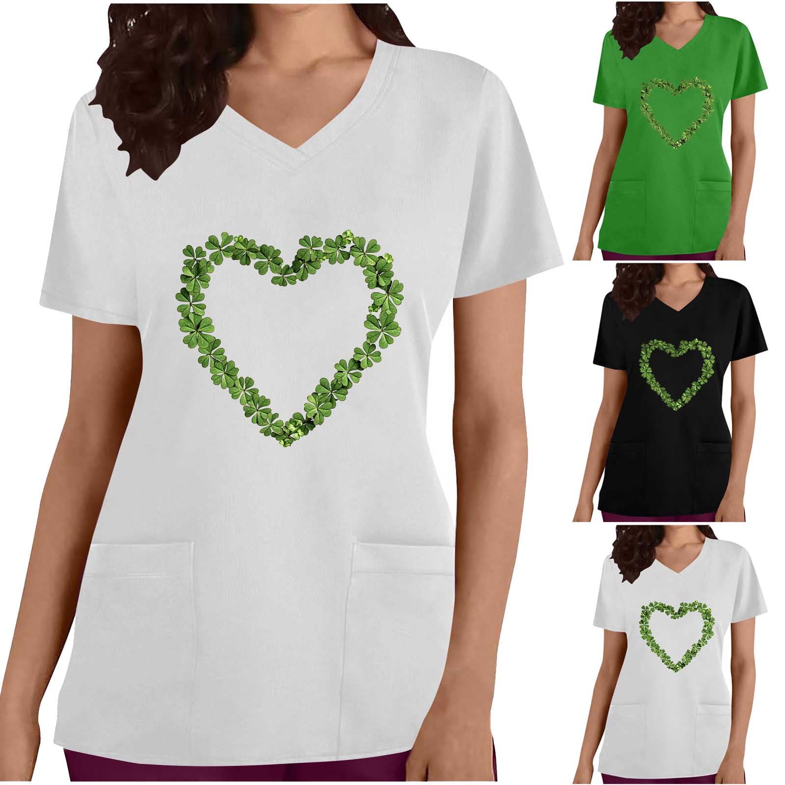 Feancey Green Heart Print Scrub Tops for Women Short Sleeve V-Neck ...