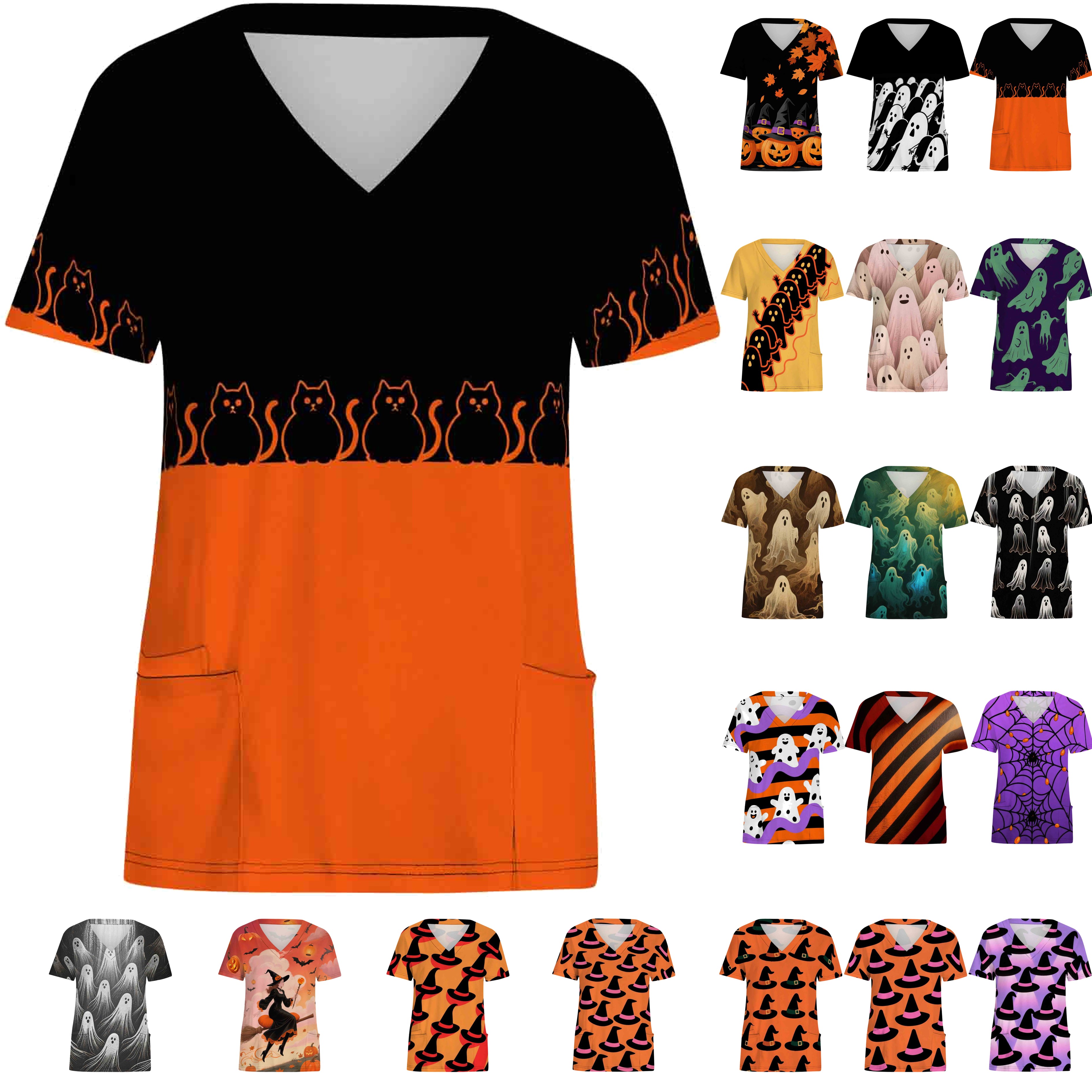 Feancey Halloween Scrub Shirts for Women Short Sleeve V Neck Nursing ...