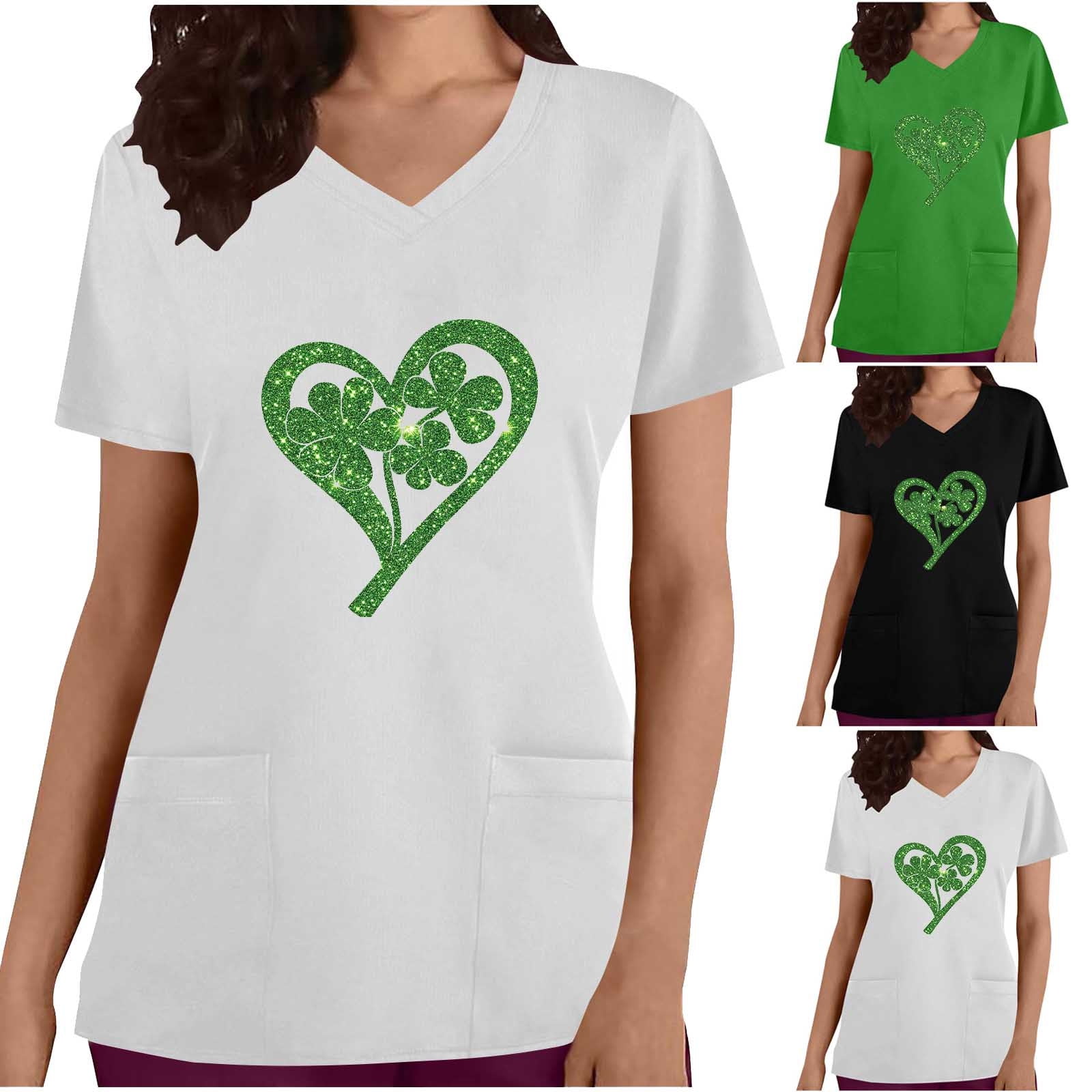 Feancey Heart Graphic Scrub Tops for Women Shamrock Print Short Sleeve ...