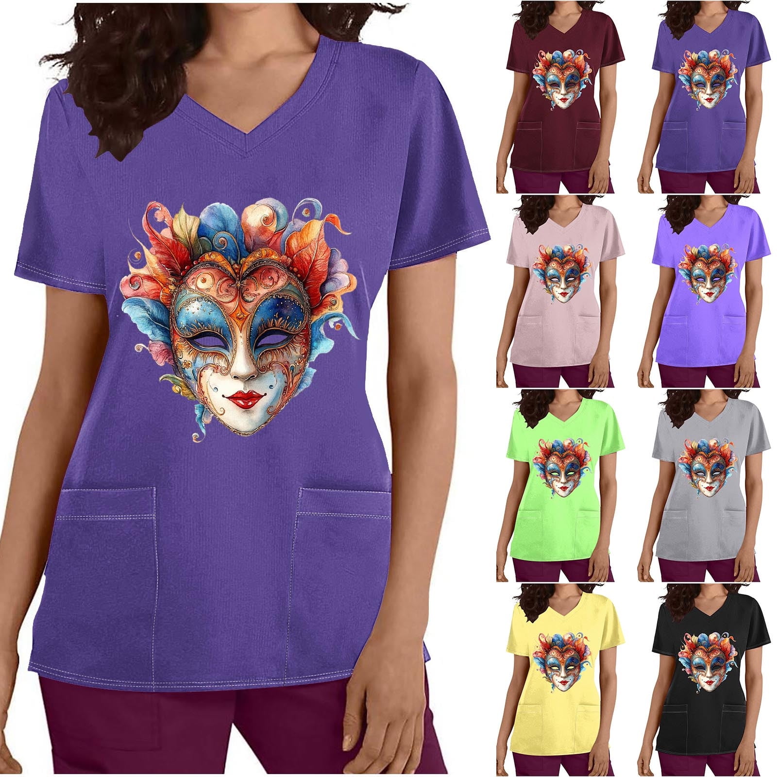Feancey Holidy Scrub Tops for Women Mardi Gras Novelty Print Nursing ...