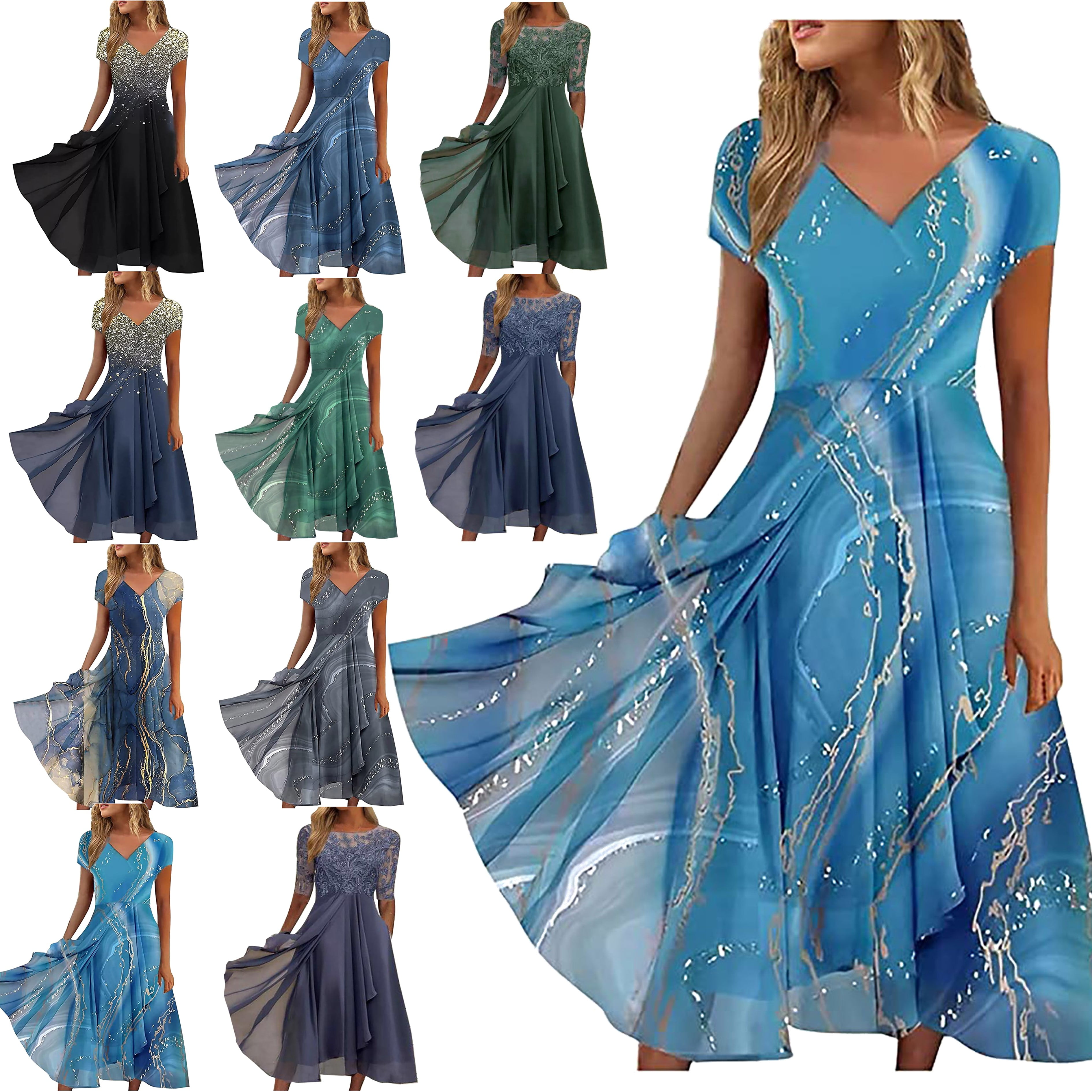 Feancey Lace Wedding Guest Dresses for Women Long Flowy Short Sleeves V ...