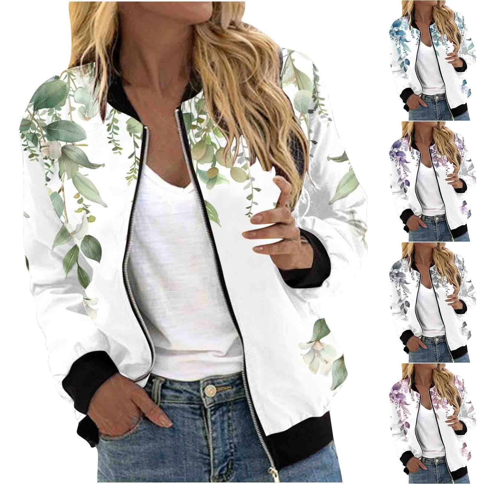 Feancey Ladies Floral Jackets Lightweight Casual Plus Size Bomber ...