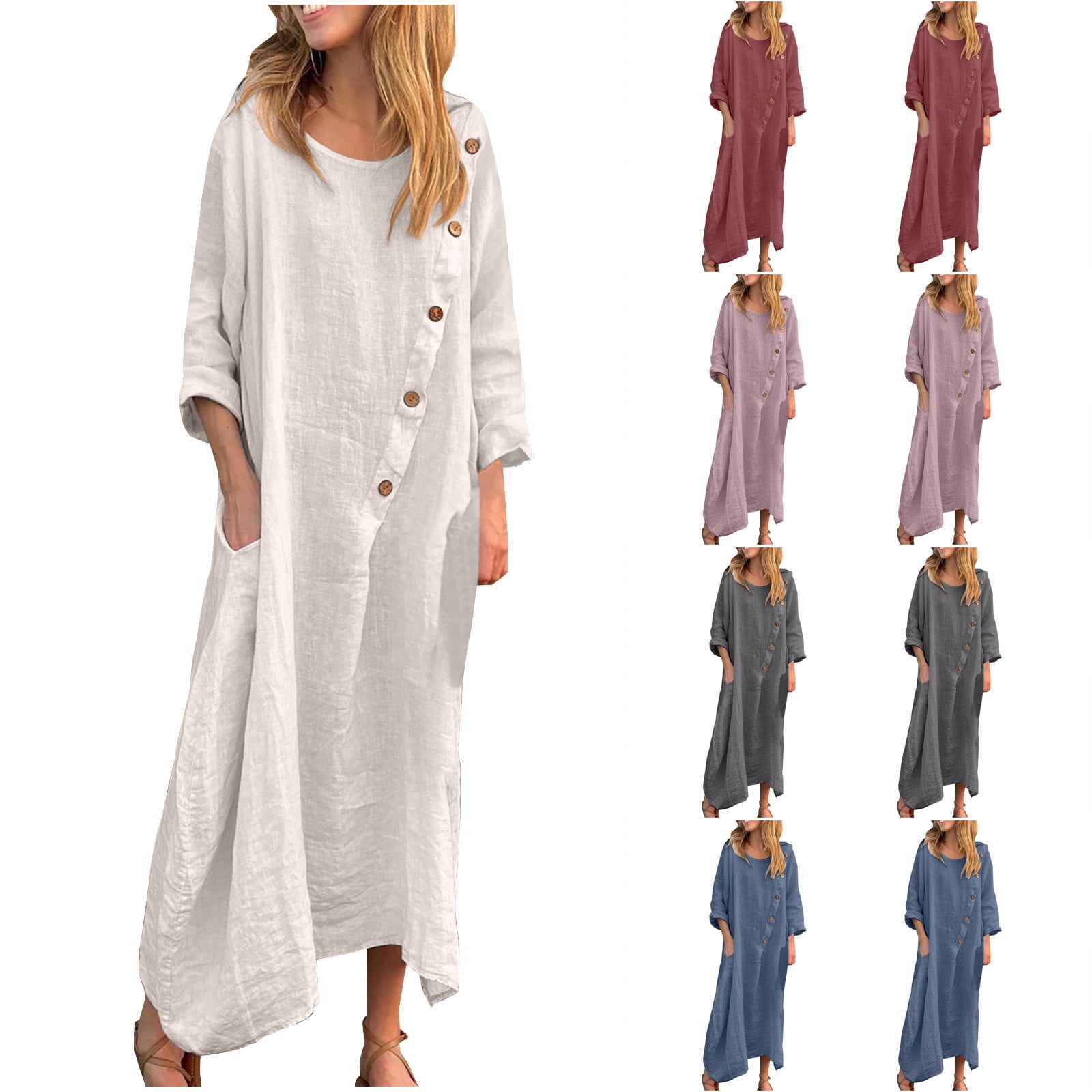 Feancey Linen Beach Dresses for Women Long Sleeve Button Shift Dress ...