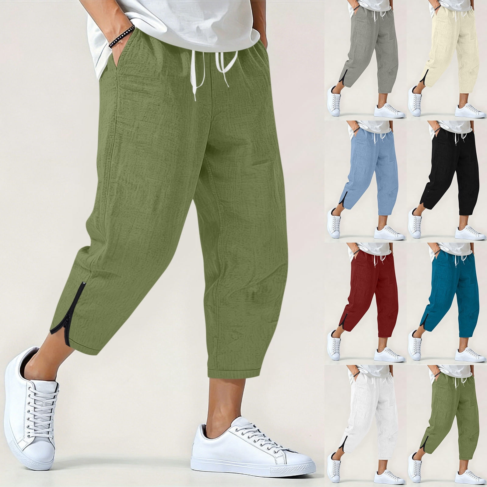 Feancey Linen Capri Pants for Men Side Zip Hem Cropped Trousers Stretch ...