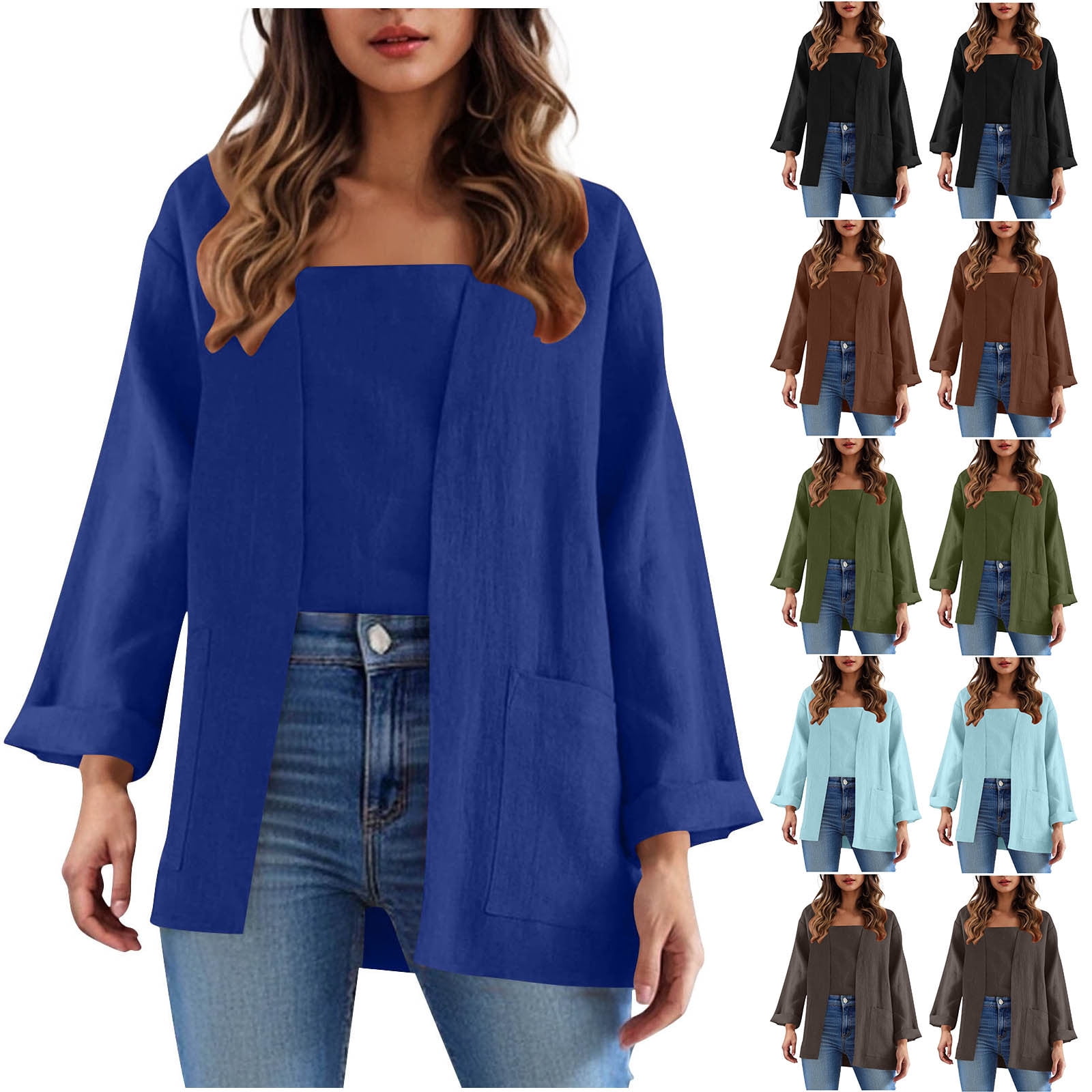 Feancey Linen Cardigans for Women Open Front Long Sleeve Kimonos Loose ...