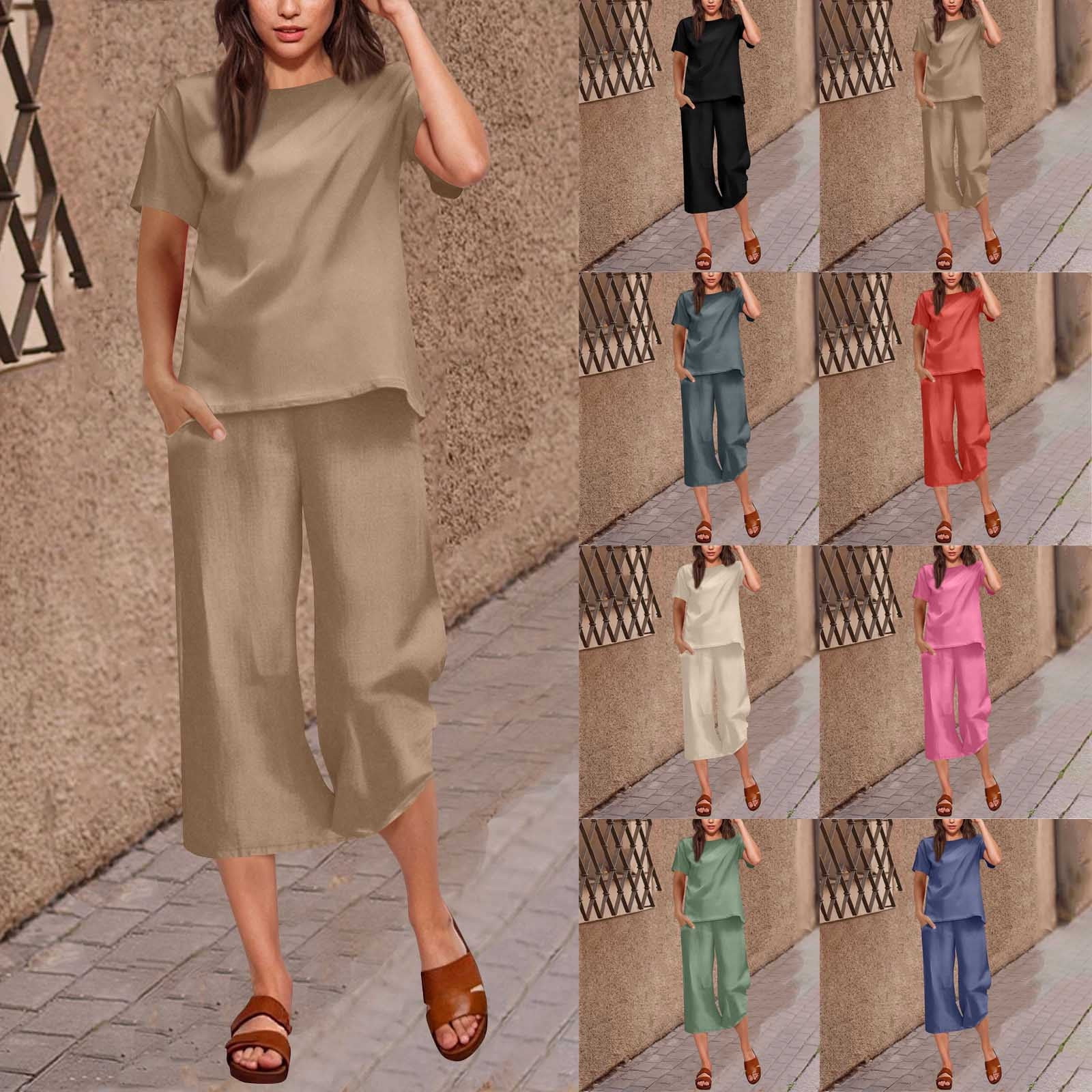 Feancey Linen Outfits for Women 2 Piece Set Summer Short Sleeve Crop ...