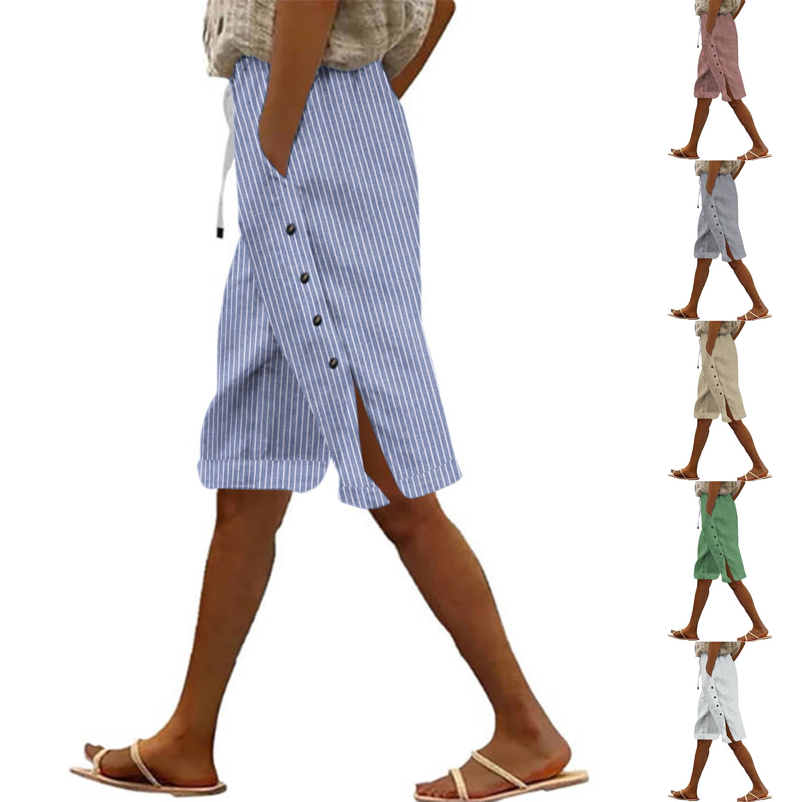 Feancey Linen Shorts for Women Knee Length Striped Bermuda Shorts Side ...