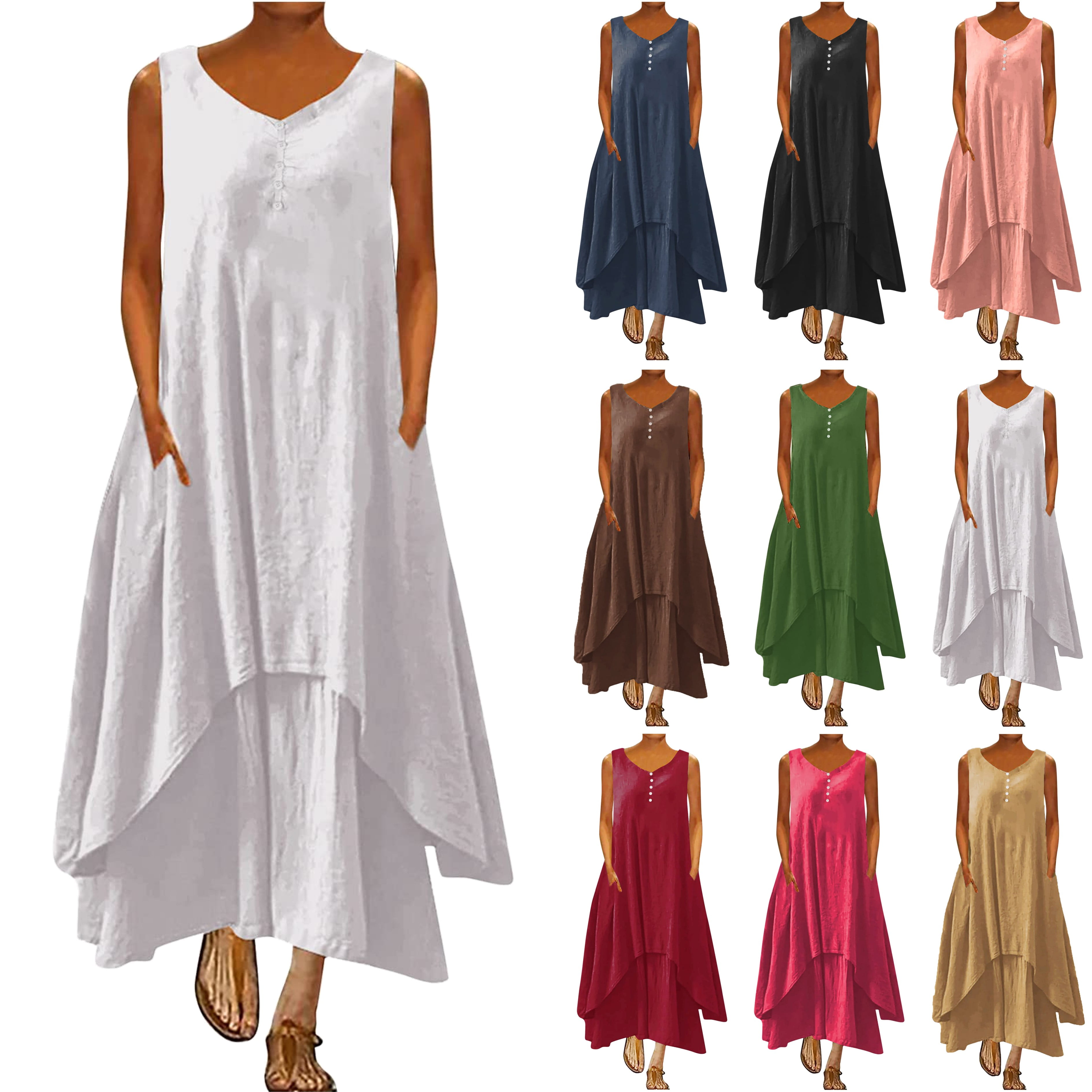 Feancey Linen Sundresses for Women 2025 Summer Fashion Layered Flowing ...