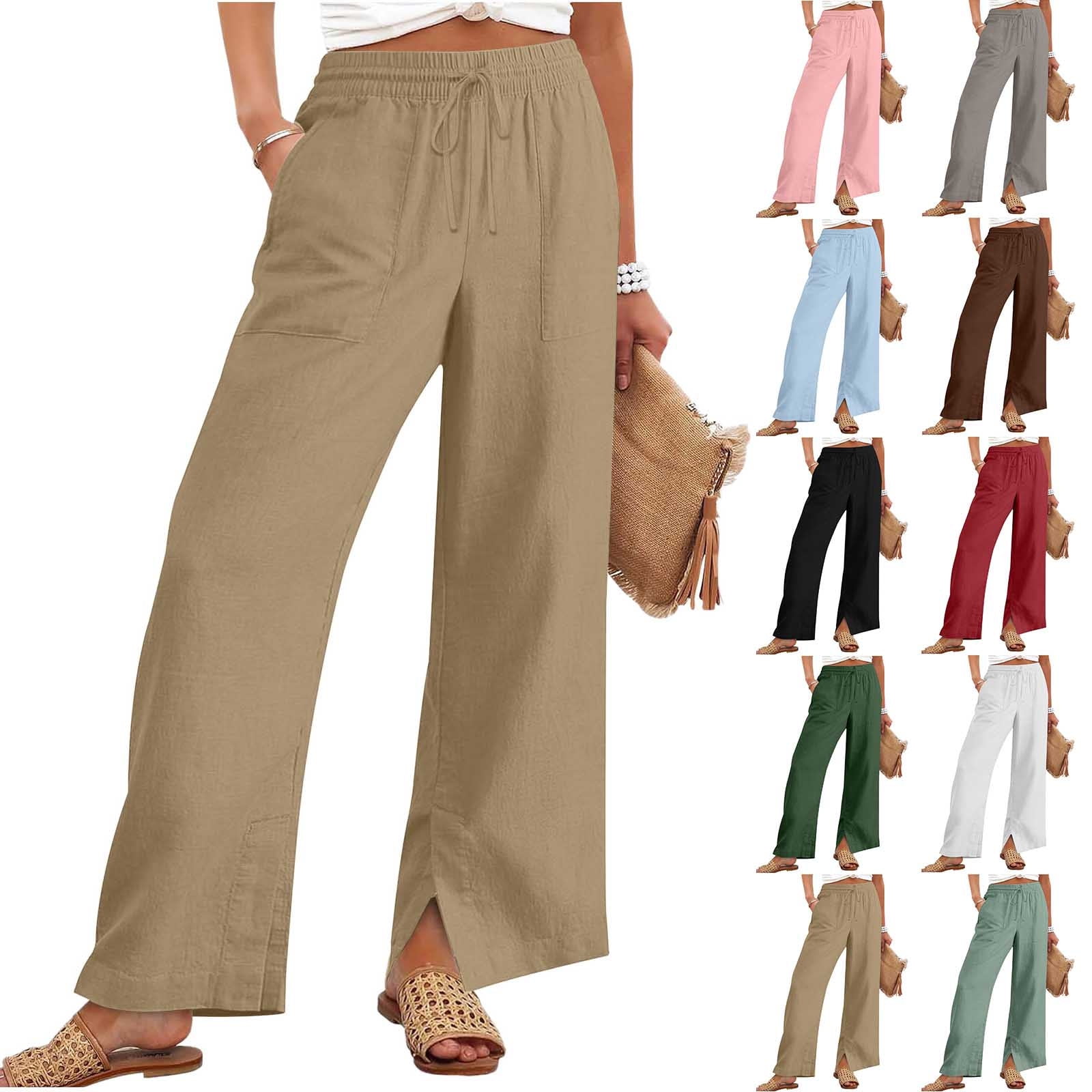 Feancey Linen Wide Leg Pants for Women Trendy Split Hem Dress Pants ...