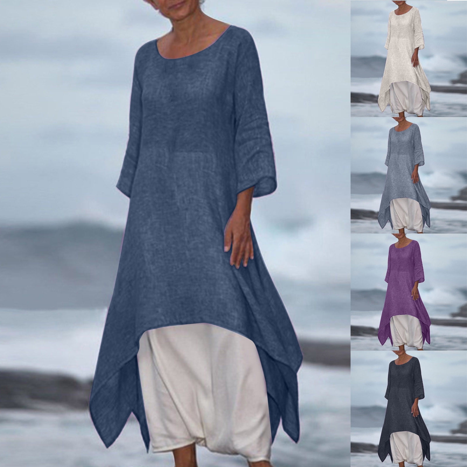 Feancey Long Beach Cover Ups for Women Linen 3/4 Sleeve Plus Size Tops ...