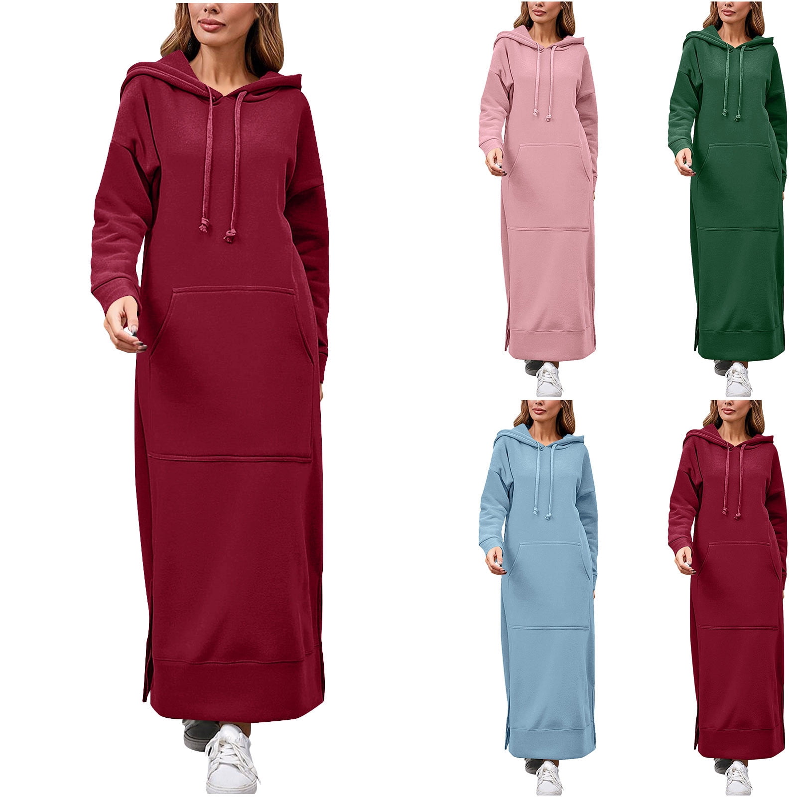 Feancey Long Hoodies for Women Plus Size Casual Maxi Dresses Drawstring ...