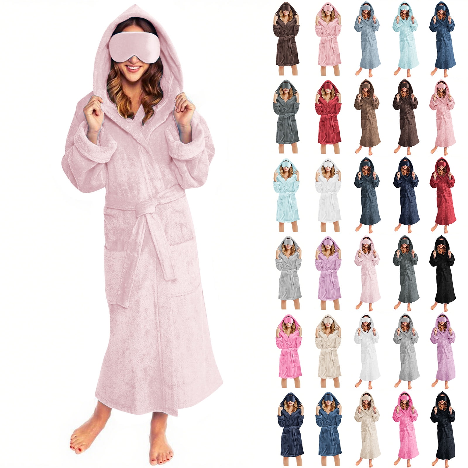Feancey Long Robes for Women Hooded Eye Mask Plush Bathrobes Winter ...