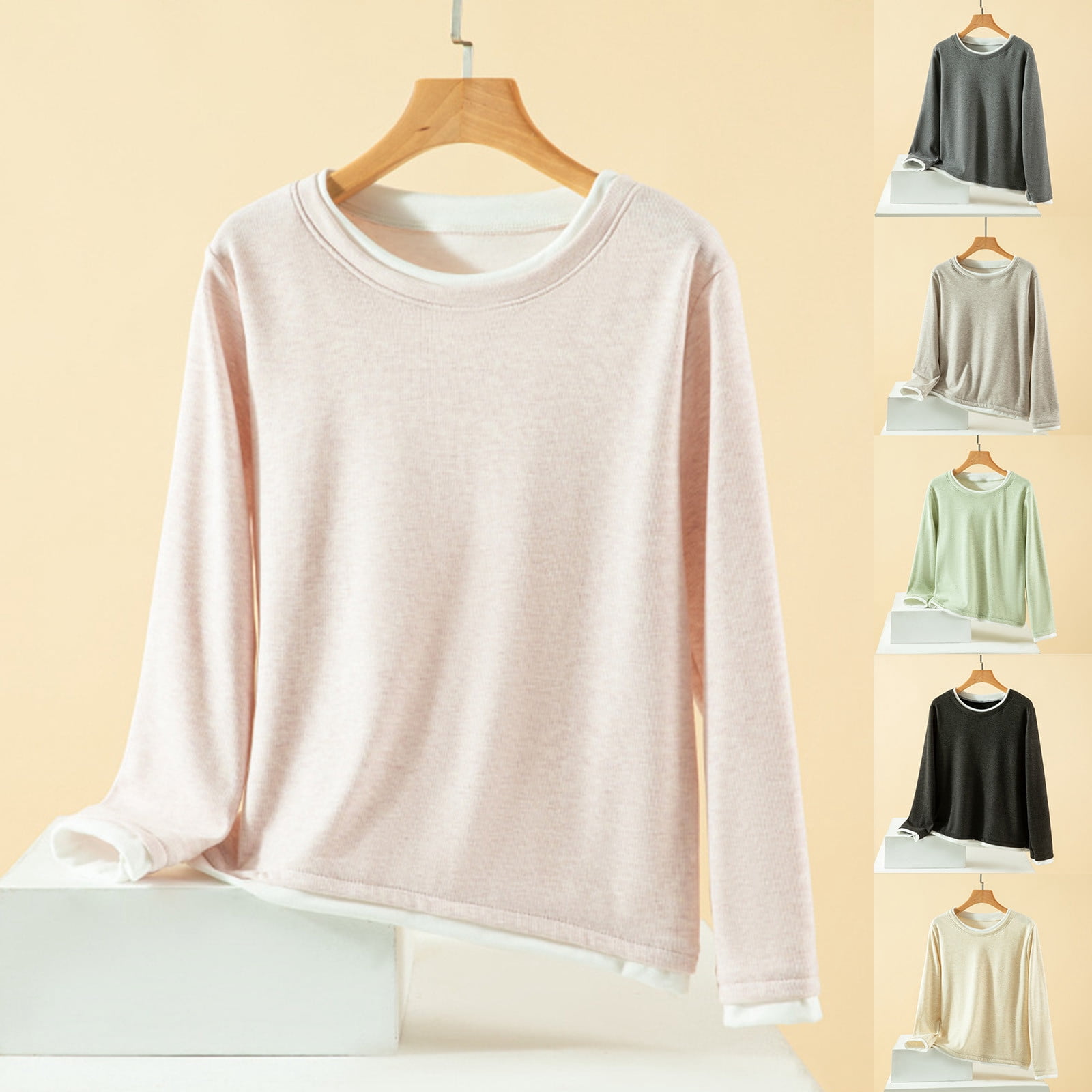 Feancey Long Sleeve Basic Tops for Women Crewneck Casual Fleece Thermal ...